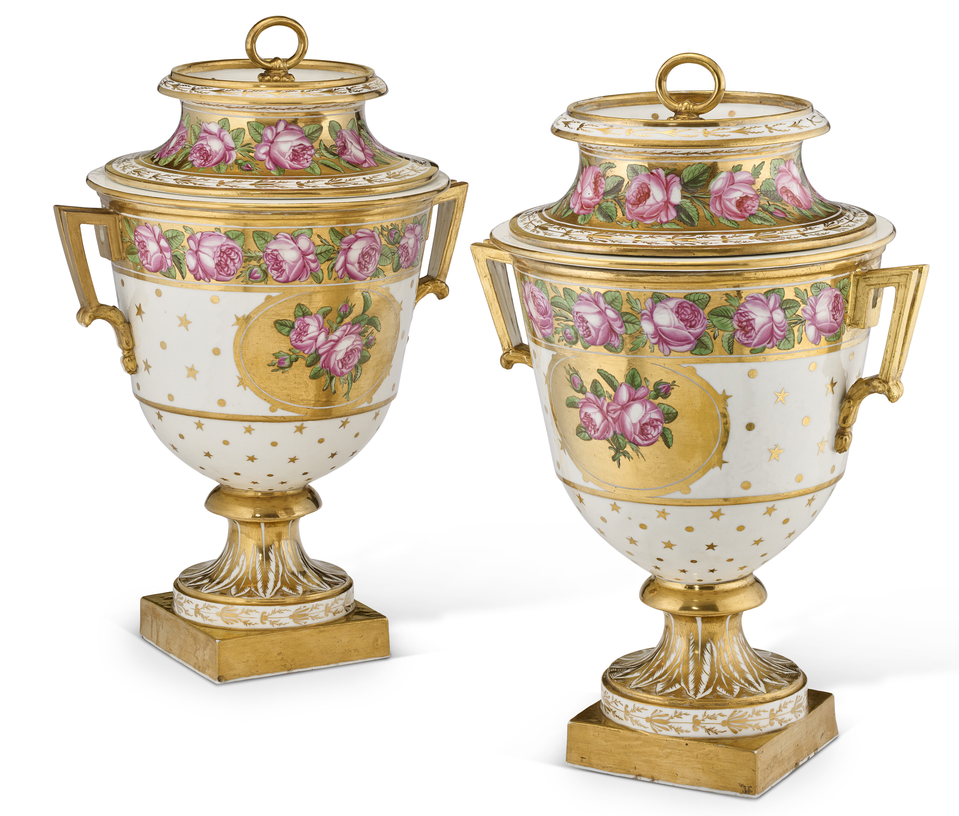 A PAIR OF ENGLISH PORCELAIN GOLD-GROUND ICE-PAILS, COVERS AND LINERS ...