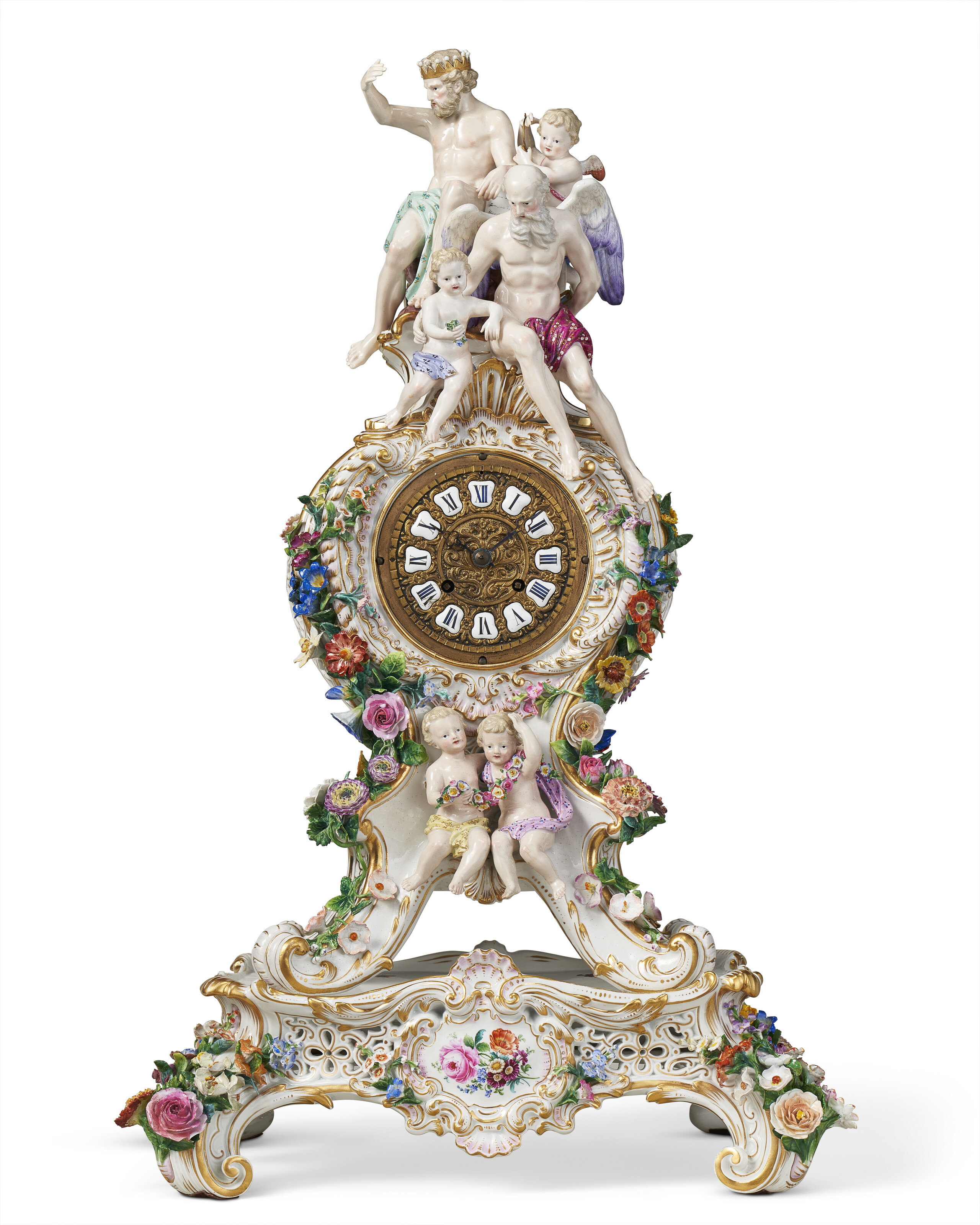 A MEISSEN PORCELAIN RETICULATED FIGURAL FLOWER-ENCRUSTED CLOCK AND ...