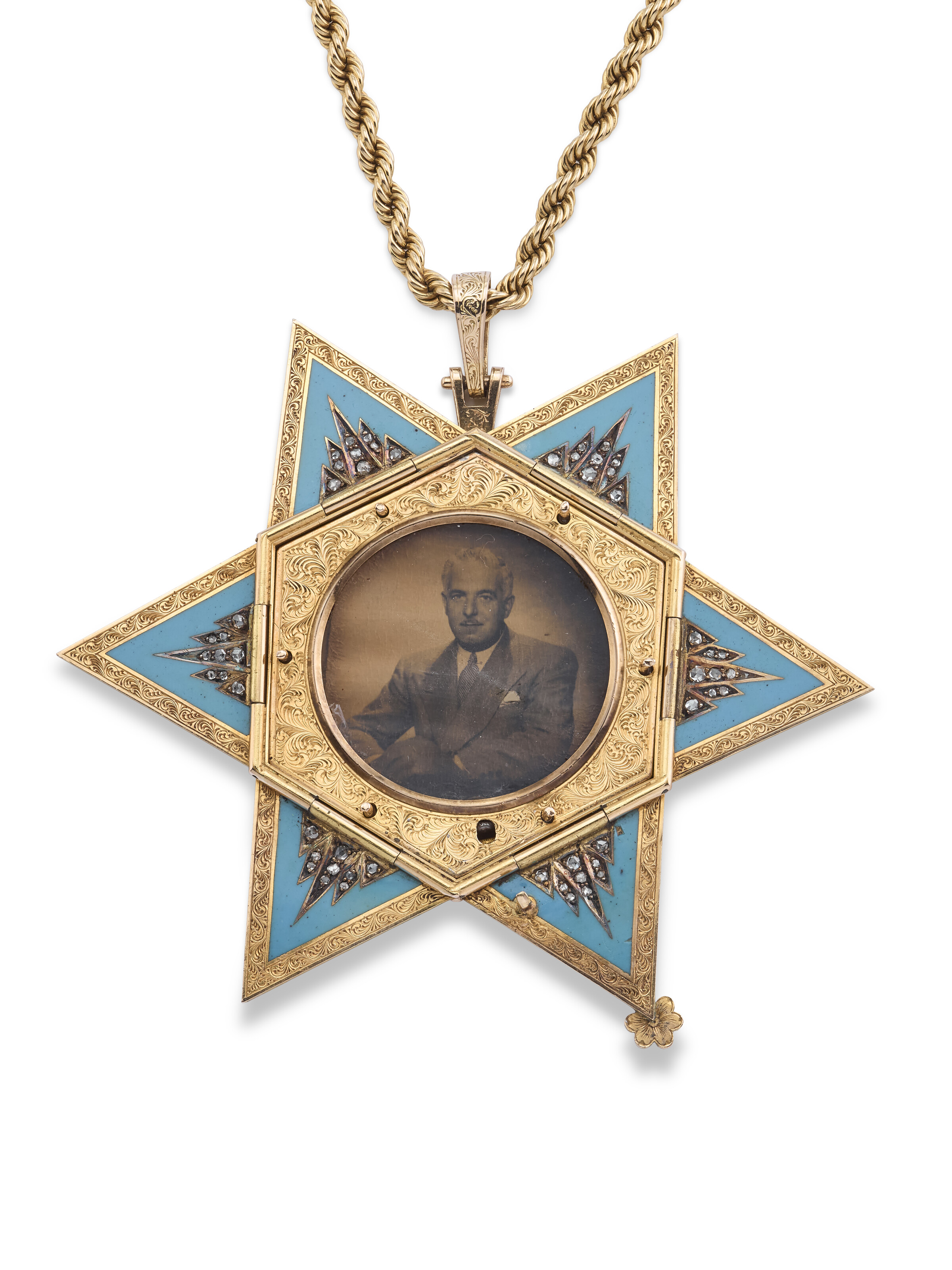 A RARE JEWELED AND CHAMPLEVÉ ENAMEL GOLD PENDANT LOCKET, BY FABERGÉ ...