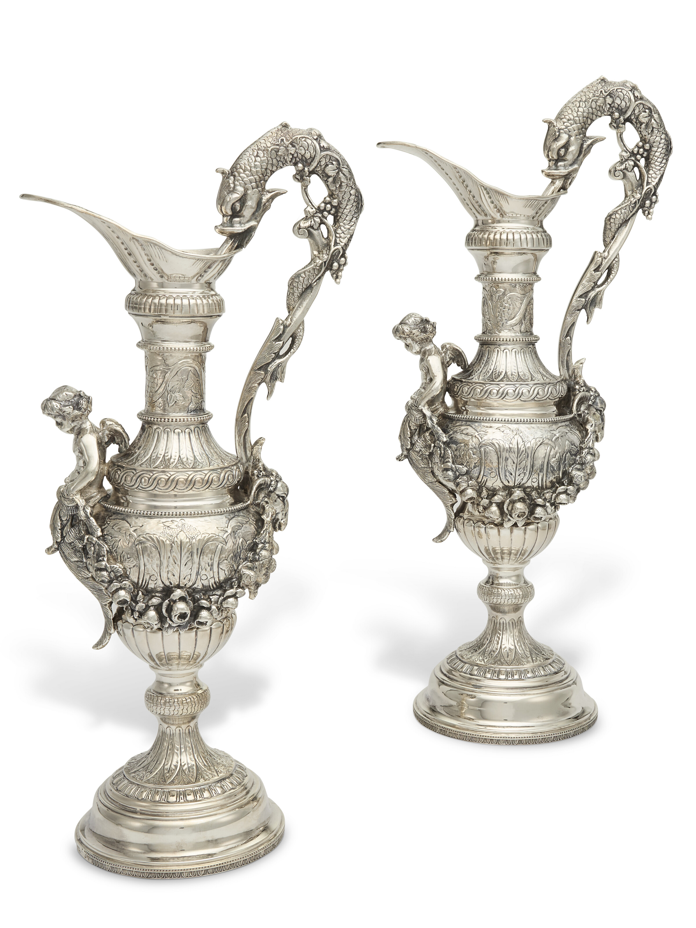 A PAIR OF ELIZABETH II LARGE SILVER EWERS, MAKER'S MARK SALD, LONDON ...