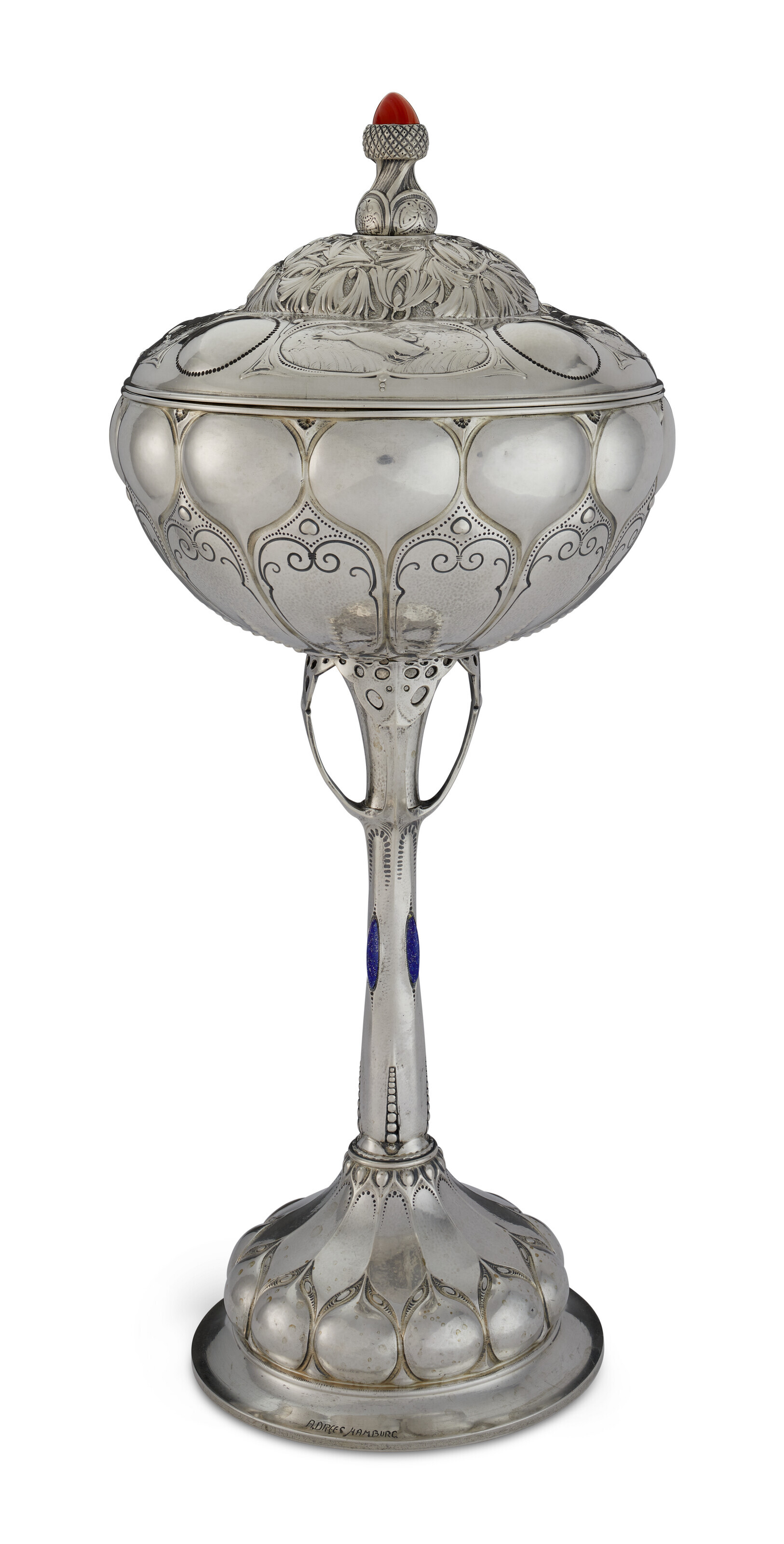 A GERMAN HARDSTONE-MOUNTED SILVER CUP AND COVER, MARK OF A. DREES ...