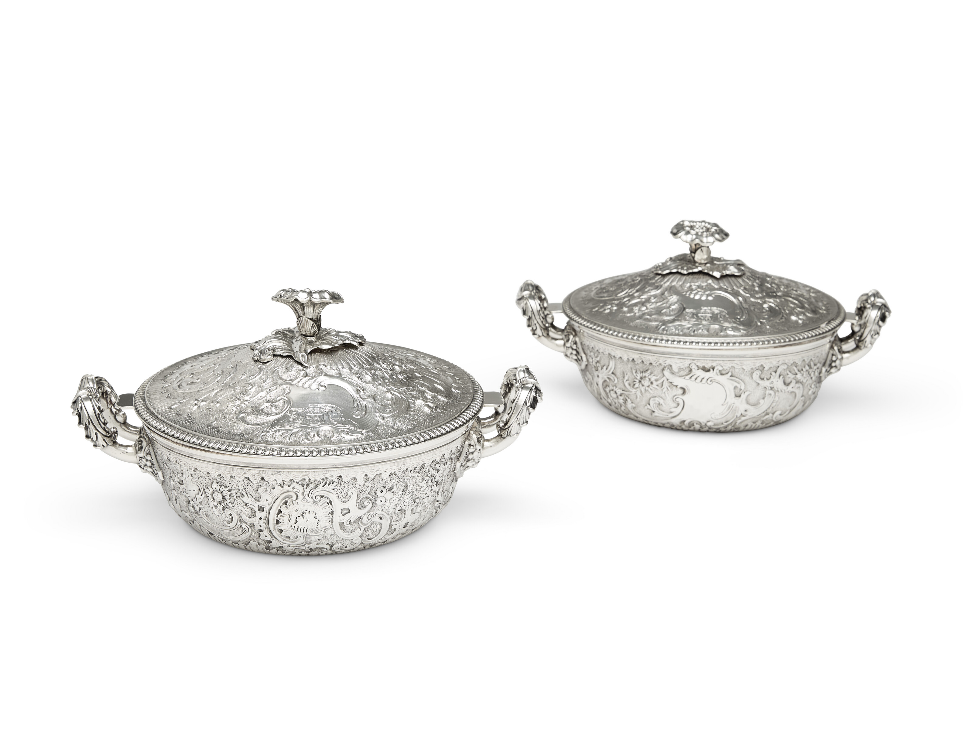 A PAIR OF FRENCH SILVER TWO-HANDLED ECUELLES AND COVERS, THE ECUELLES ...