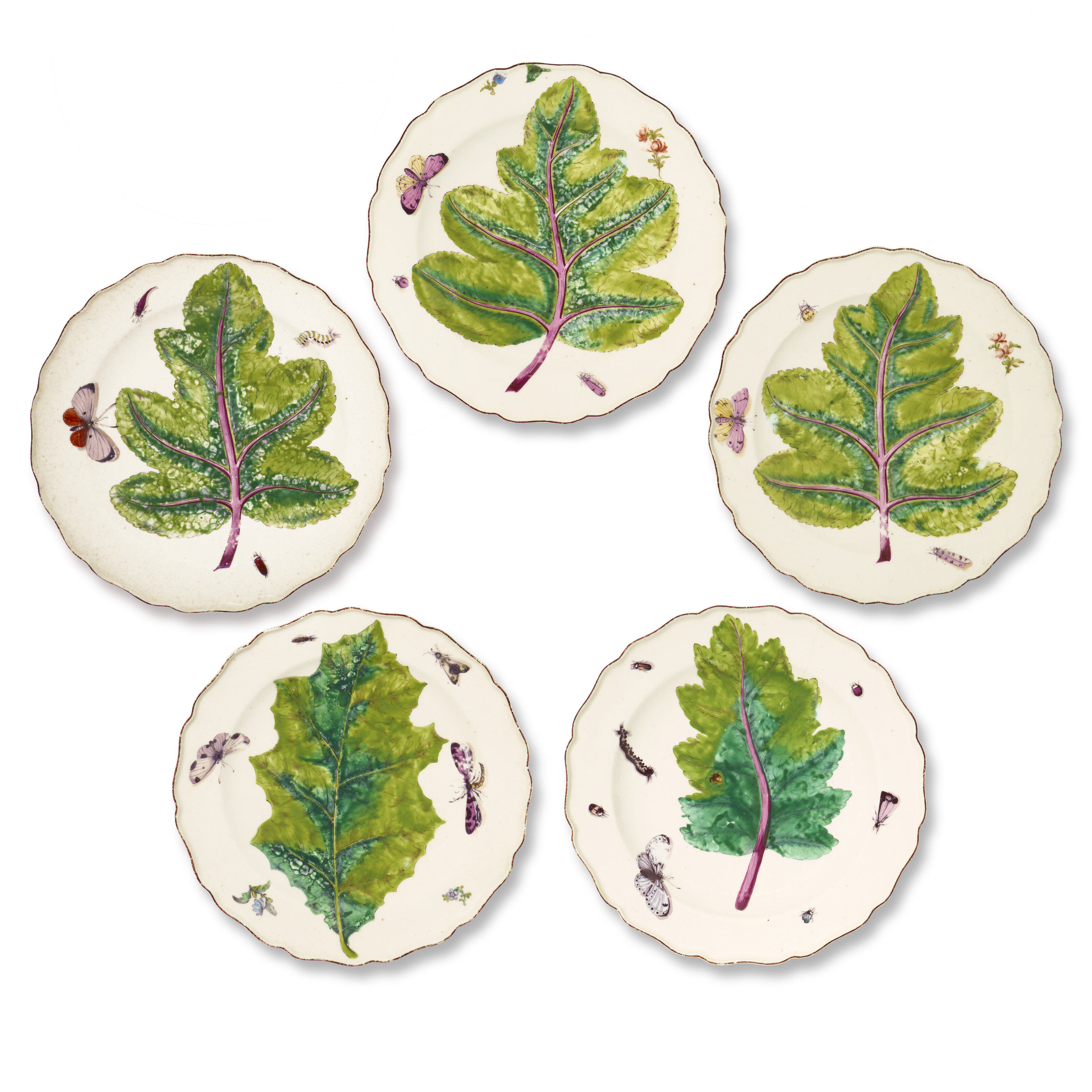 FIVE CHELSEA PORCELAIN PLATES, CIRCA 1755, IRON-RED ANCHOR MARKS ...