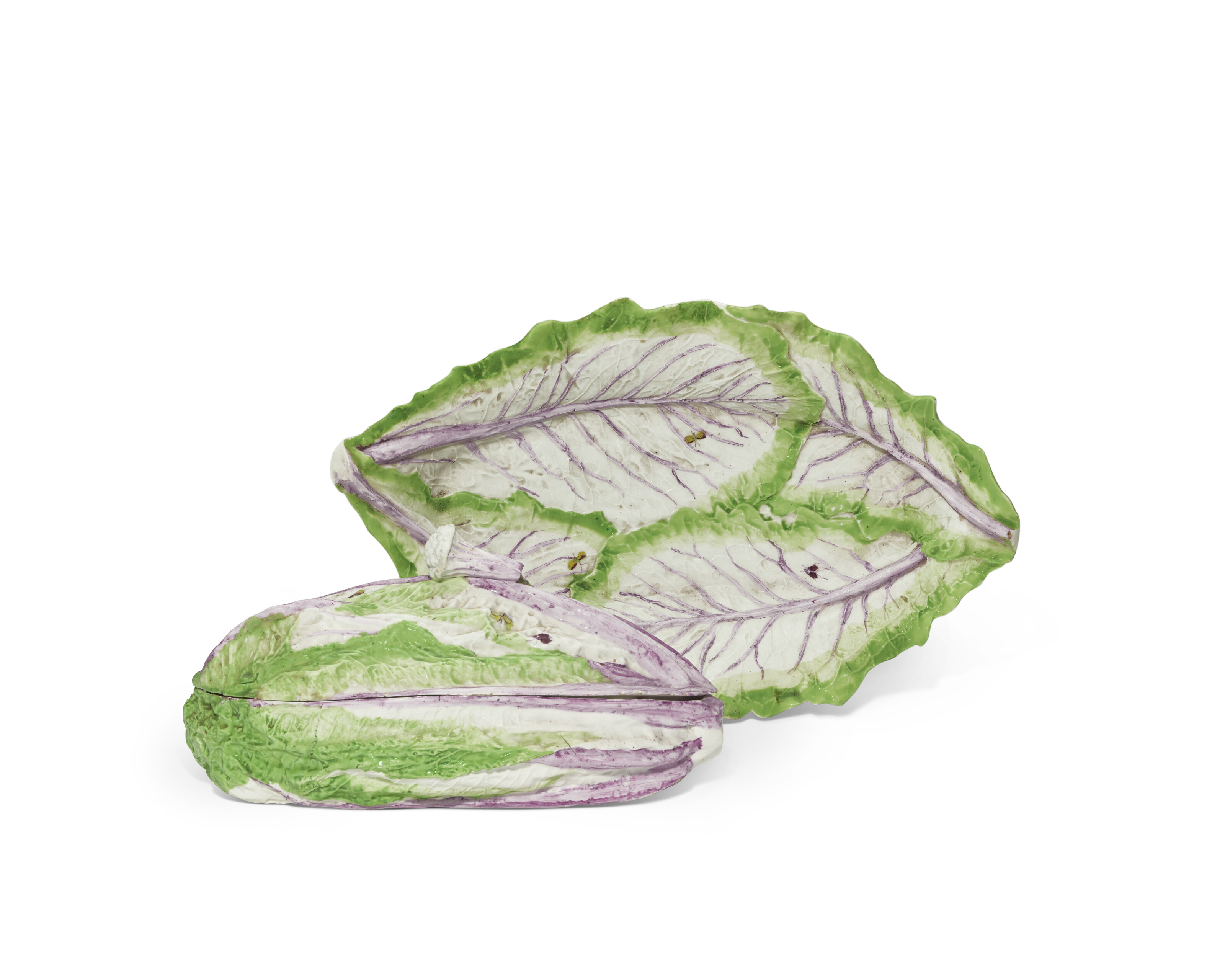 A LONGTON HALL PORCELAIN COS LETTUCE TUREEN, COVER AND STAND, CIRCA ...