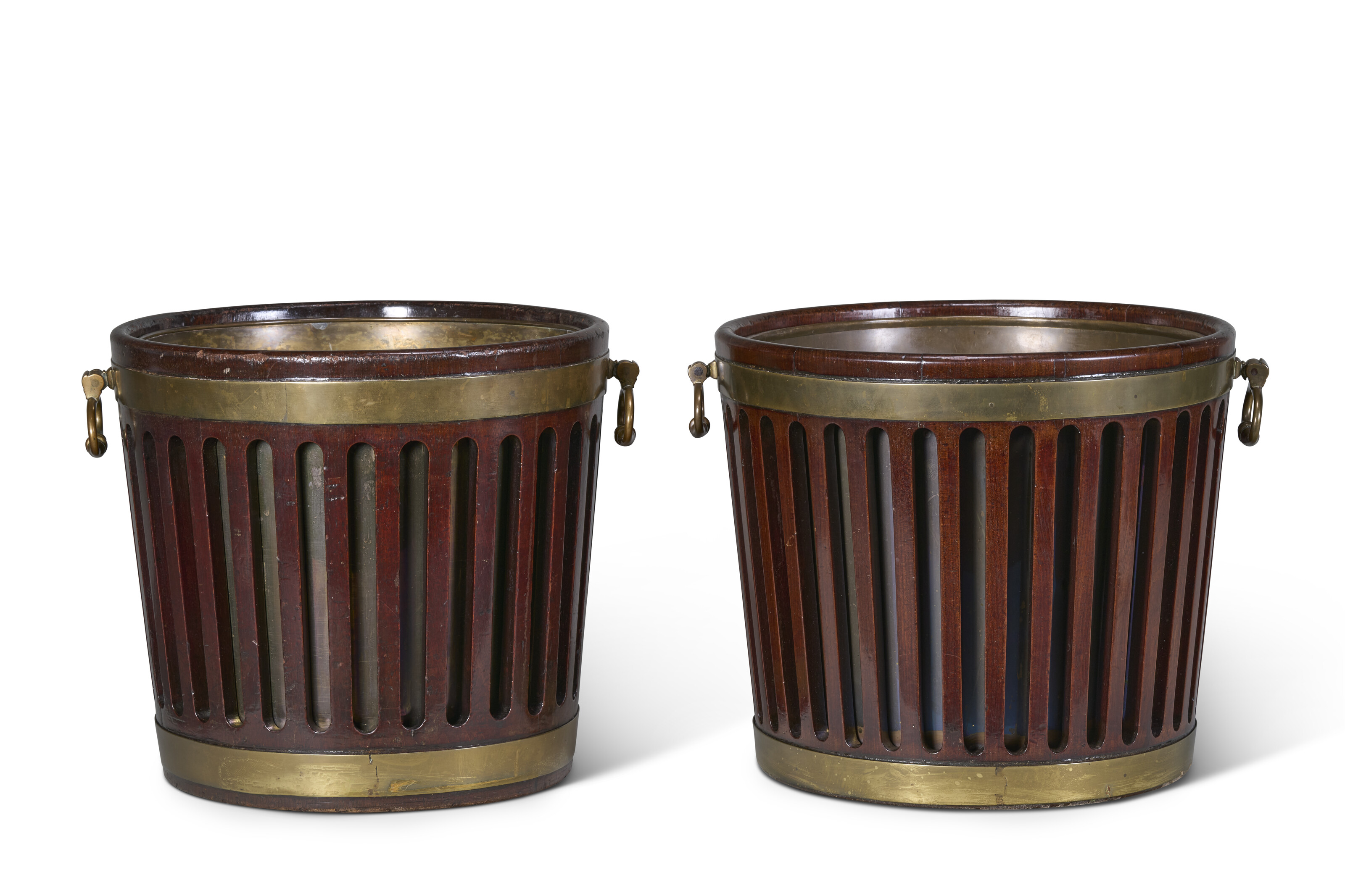 A PAIR OF ENGLISH BRASS-BOUND MAHOGANY BUCKETS, ONE GEORGE III, LATE ...