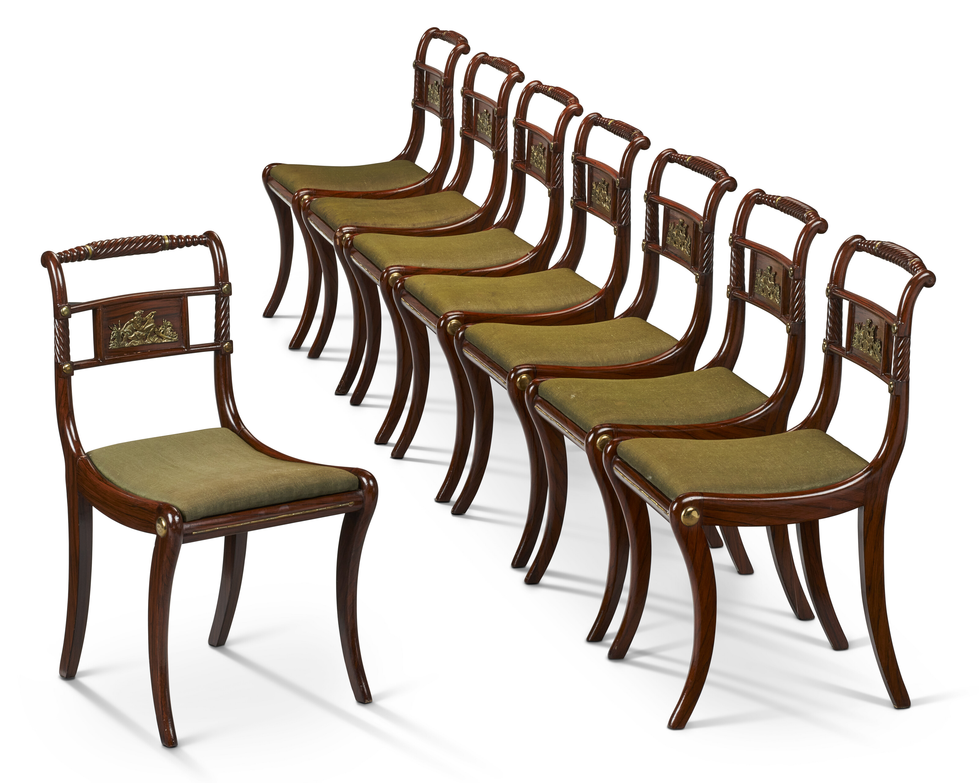 A SET OF EIGHT REGENCY BRASS-MOUNTED SIMULATED ROSEWOOD DINING CHAIRS ...