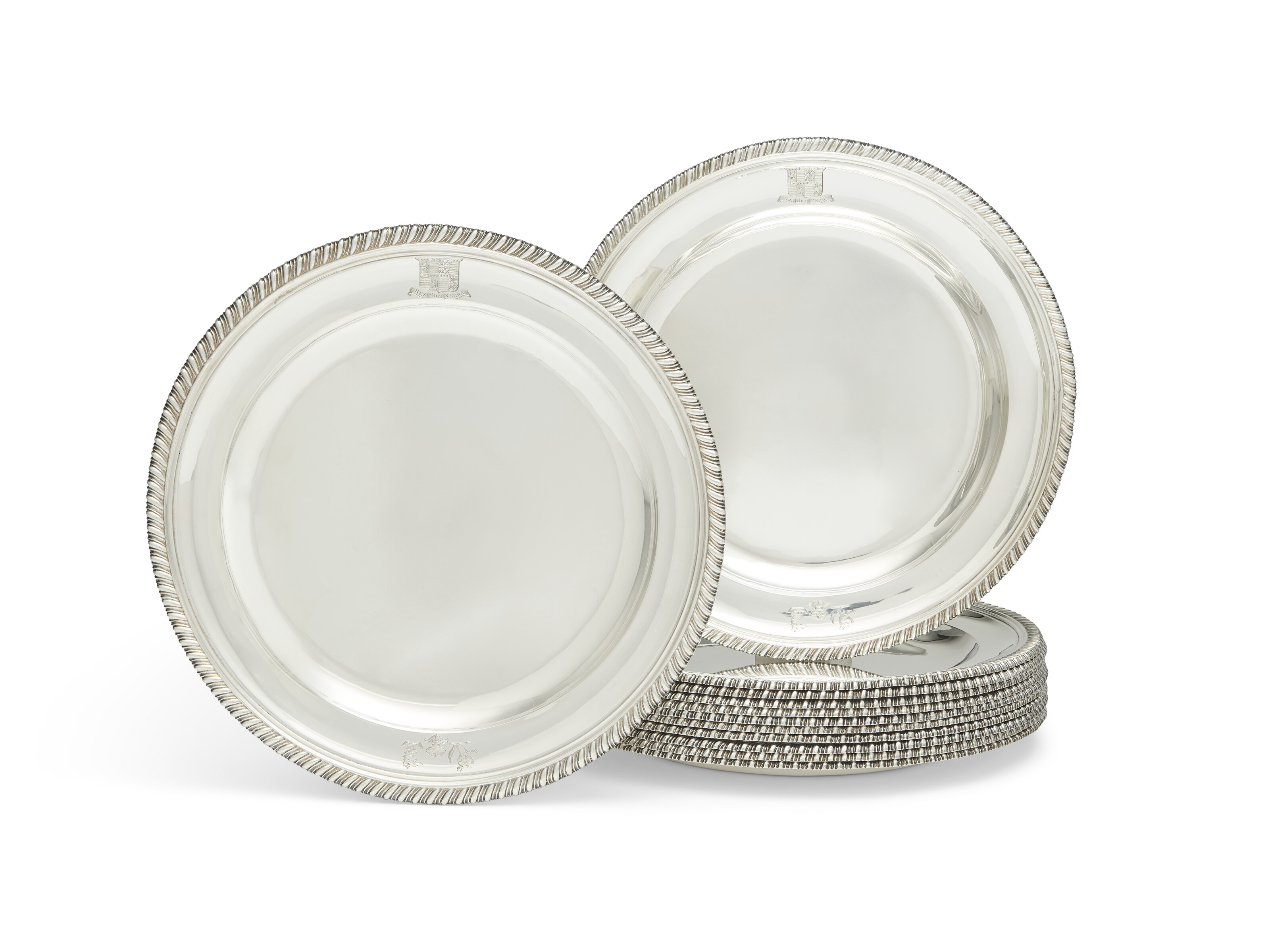 A SET OF TWELVE GEORGE III SILVER DINNER PLATES, MARK OF GEORGE HEMING ...