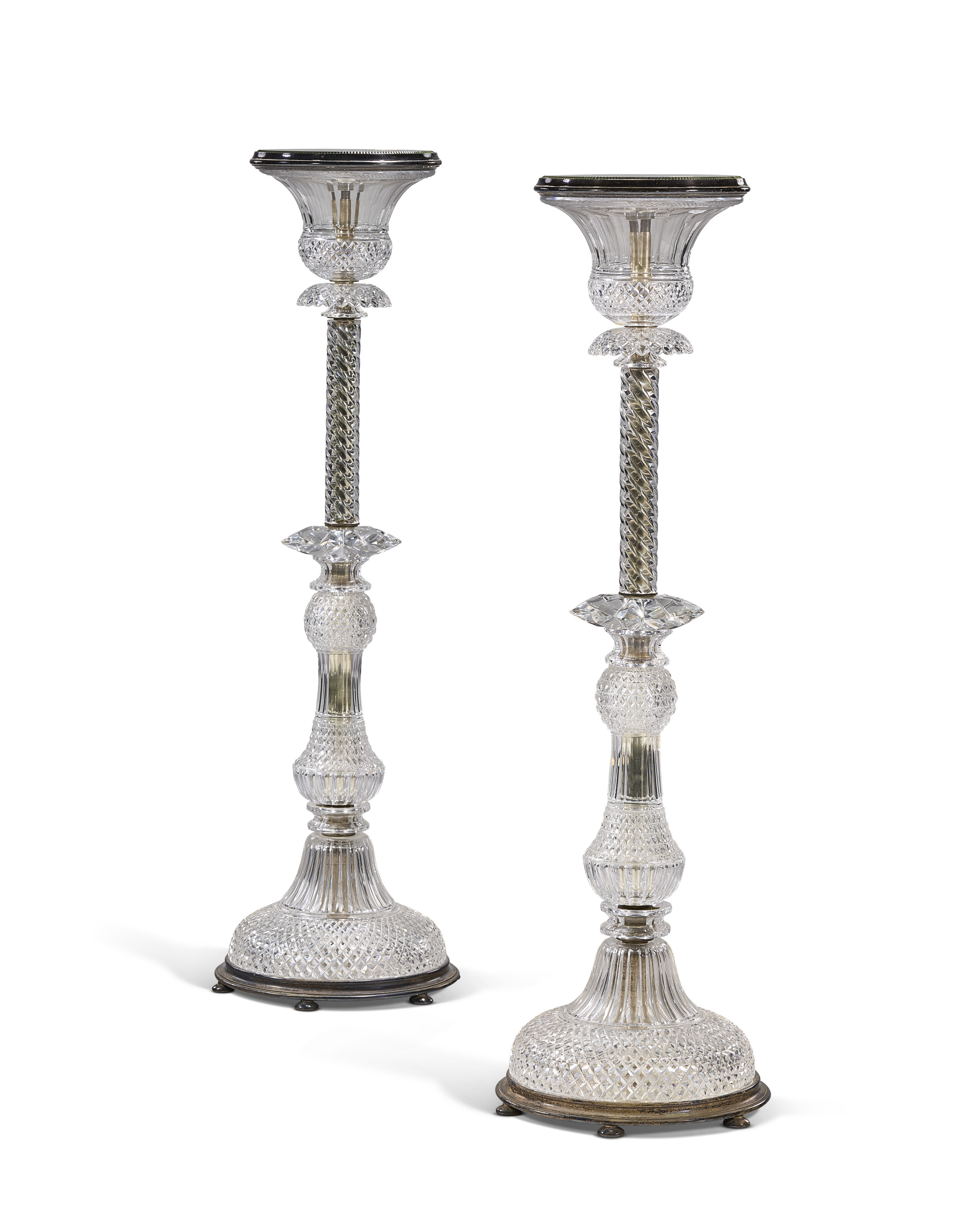 A PAIR OF VICTORIAN CUT-GLASS AND SILVER-PLATED TORCHERE STANDS, BY F ...