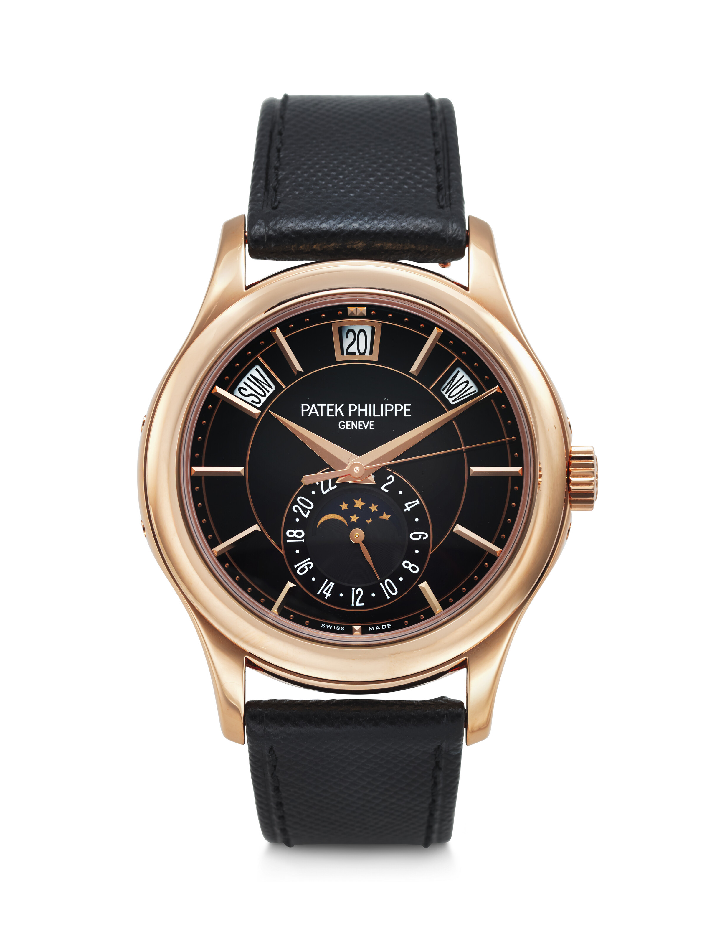 PATEK PHILIPPE, PINK GOLD ANNUAL CALENDER WRISTWATCH WITH MOON PHASES ...