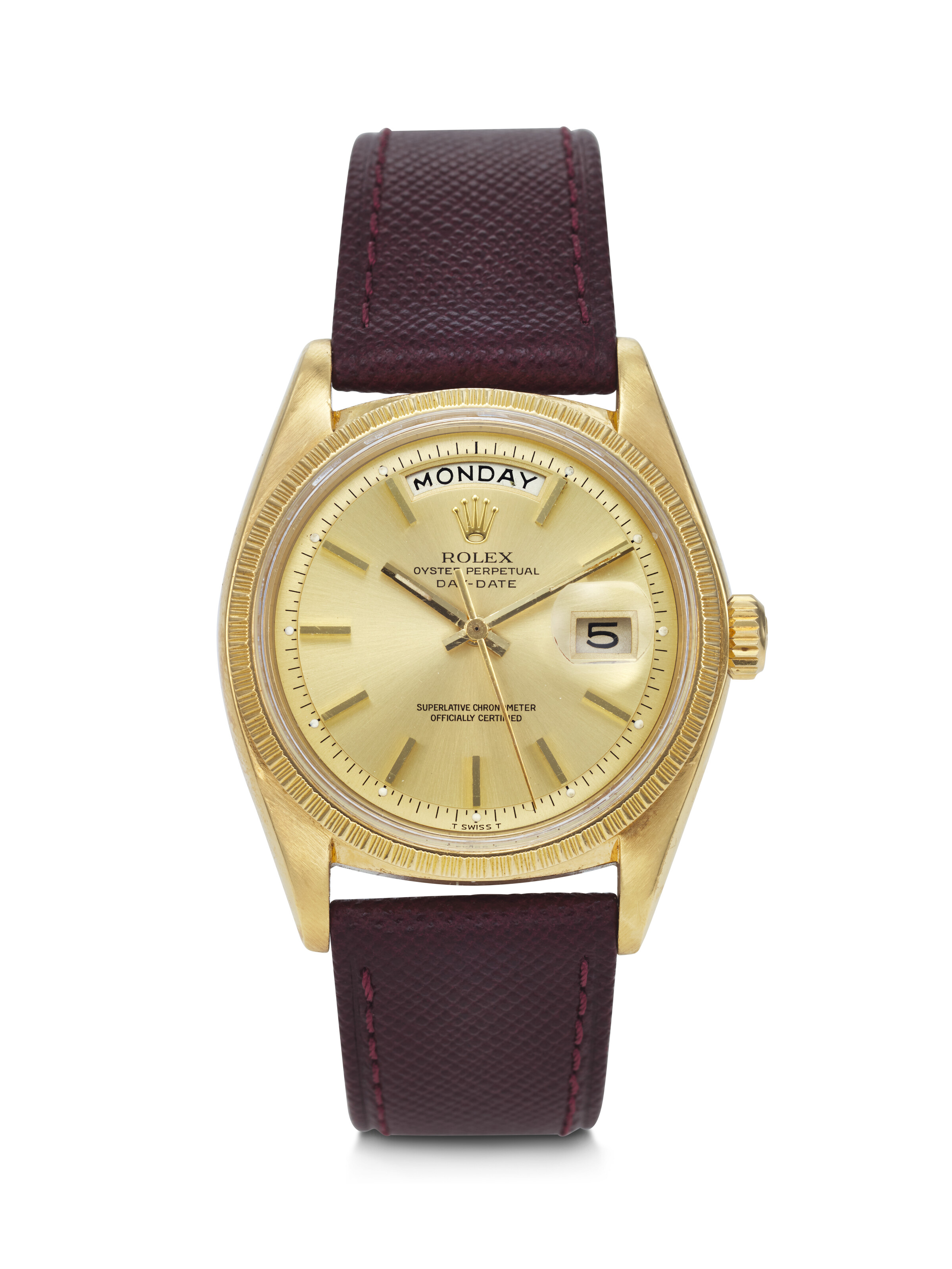 ROLEX, YELLOW GOLD 'DAY-DATE' WITH 'BARK-FINISH' BEZEL, REF. 1807 ...