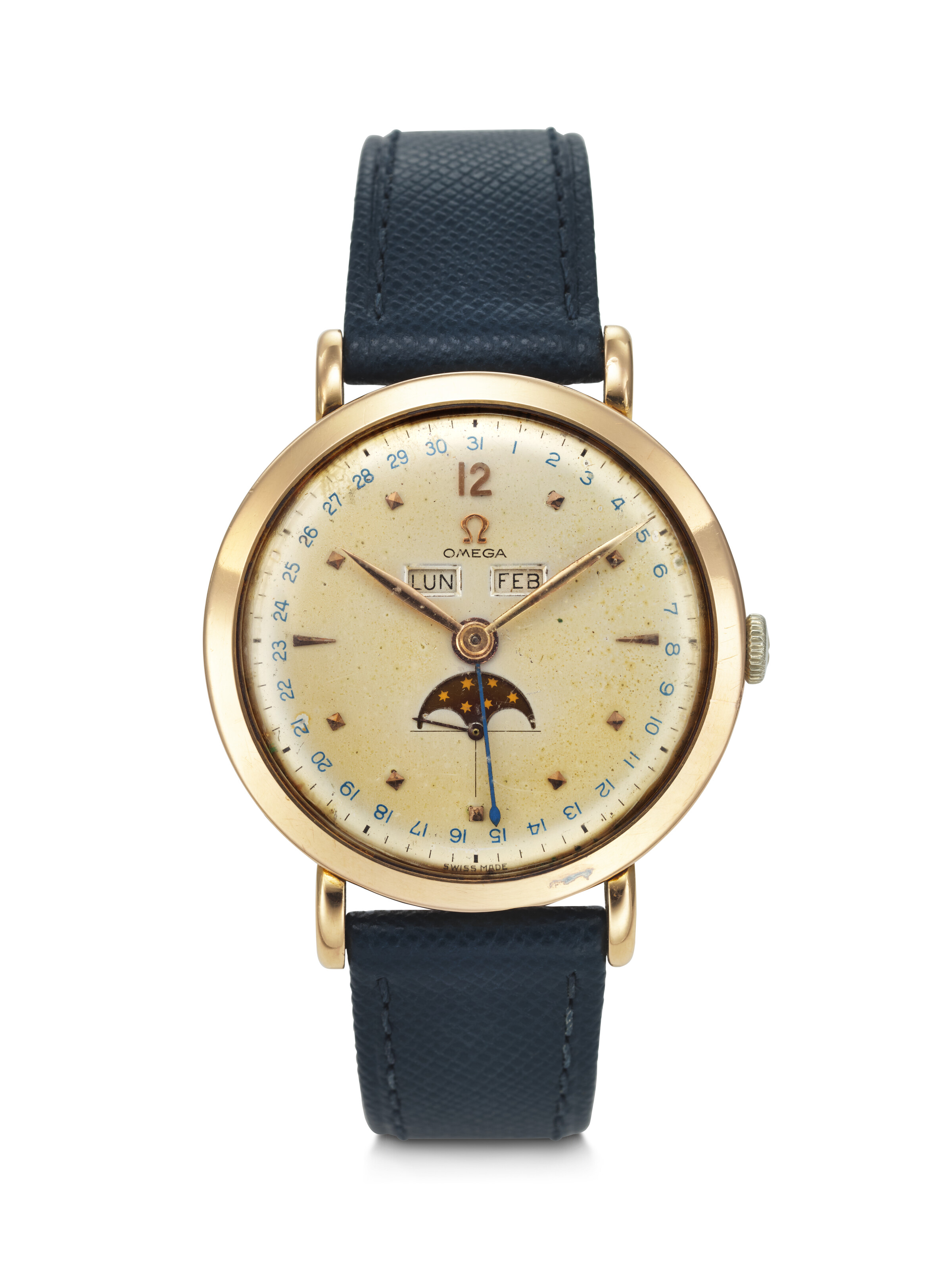 OMEGA, RARE AND LARGE, YELLOW GOLD TRIPLE CALENDAR WITH MOON PHASES ...