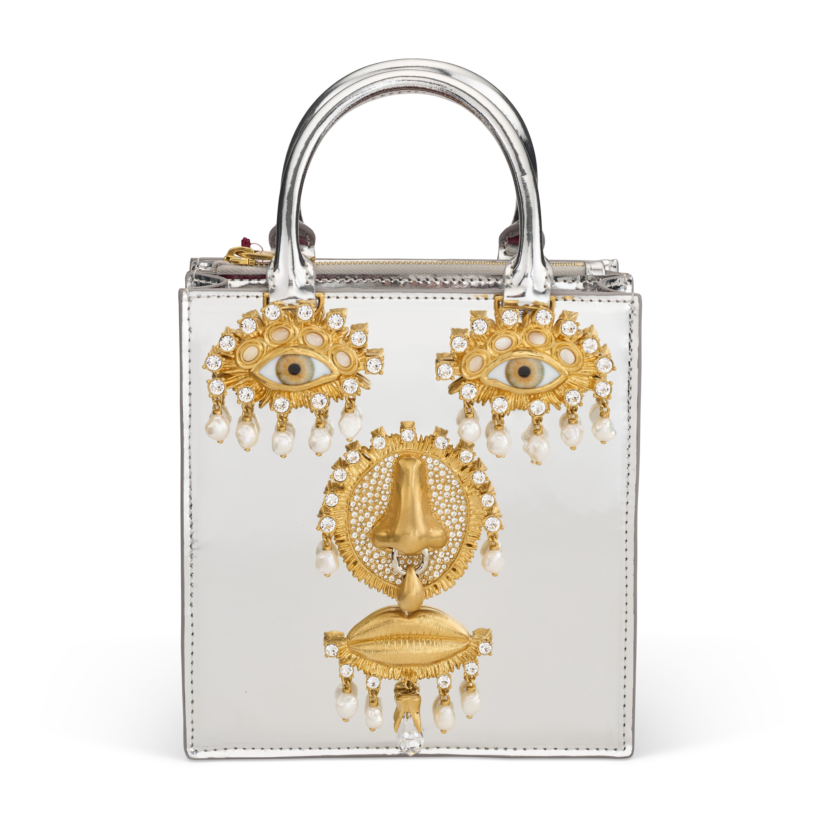 A METALLIC SILVER CALFSKIN LEATHER ANATOMY FACE BIJOUX BAG WITH GILDED ...