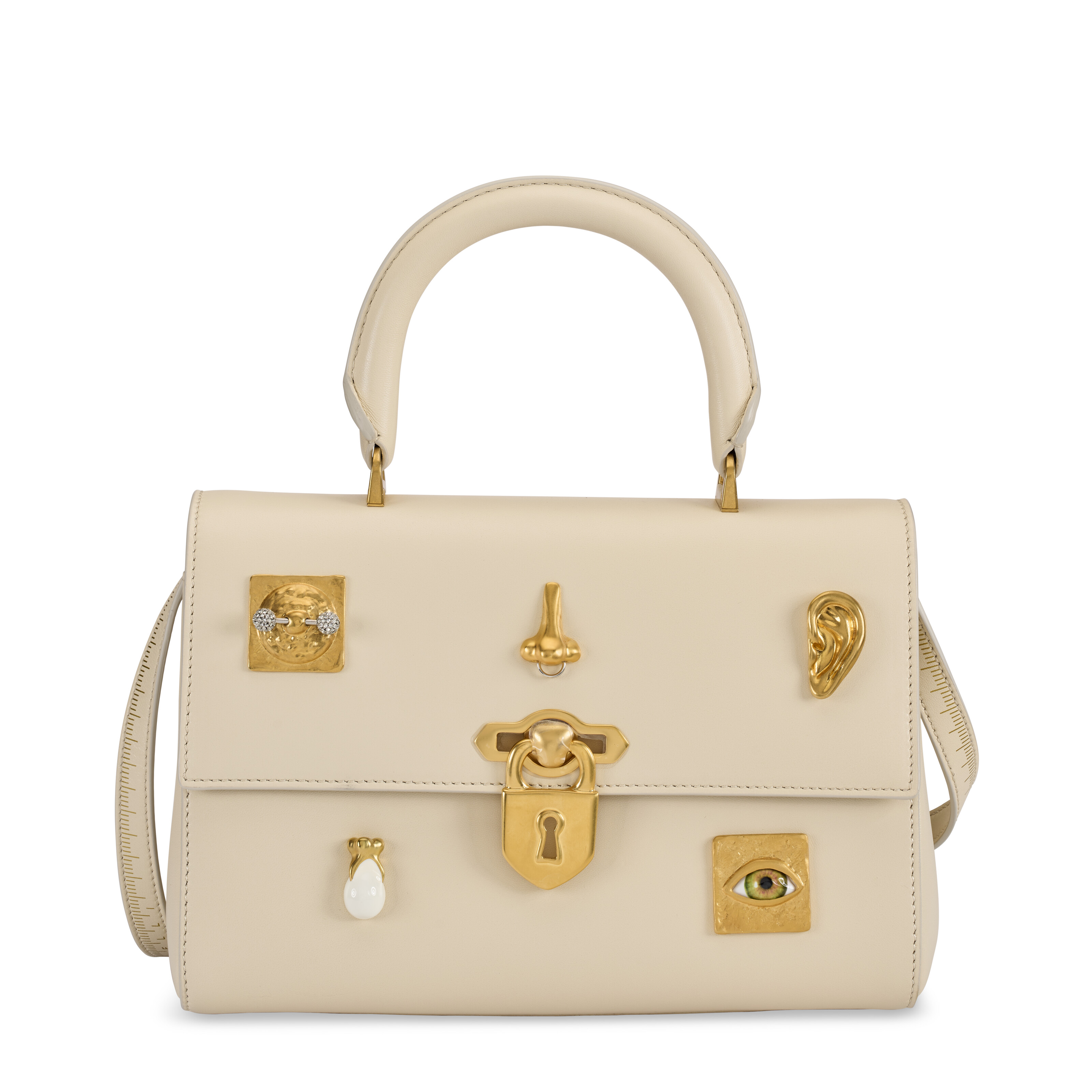 A CREME LEATHER BIJOUX SECRET TOP HANDLE BAG WITH GILDED BRASS & ENAMEL ...