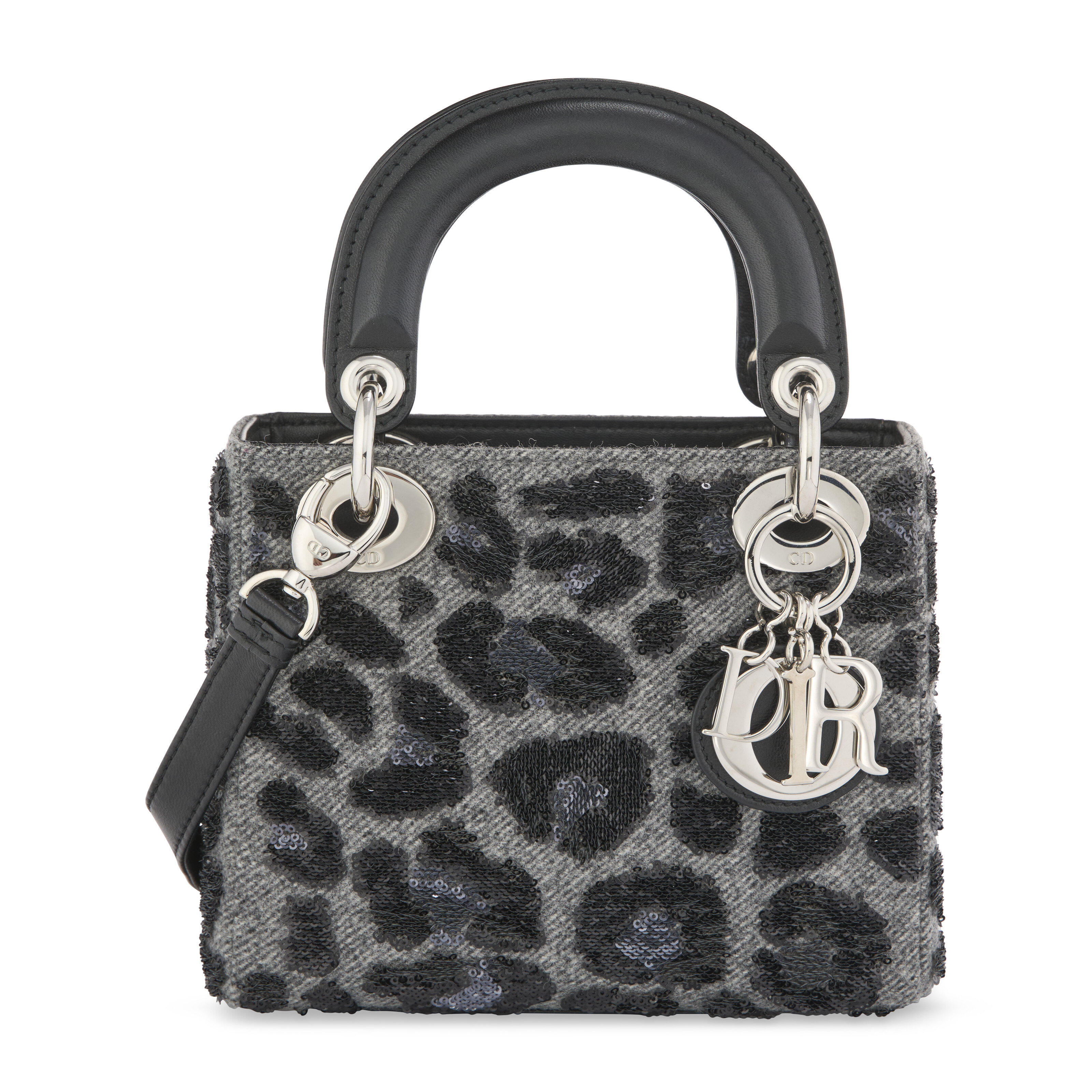 A GREY WOOL & BLACK LEOPARD SEQUIN MINI LADY DIOR WITH SILVER HARDWARE ...