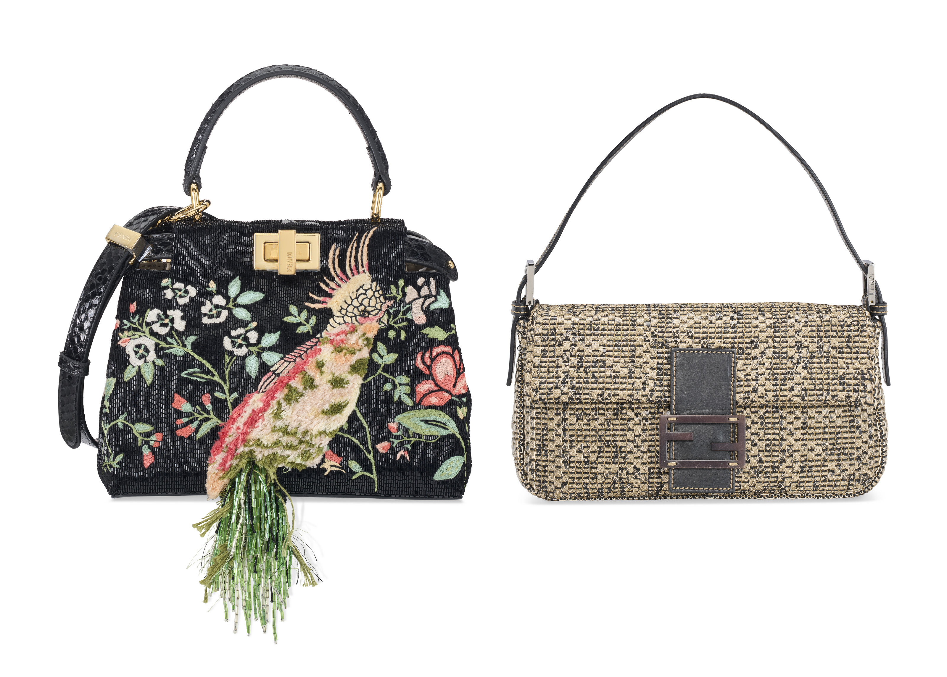 A SET OF TWO: A MULTICOLOR BEADED & EMBROIRDERED MINI PEEKABOO WITH ...