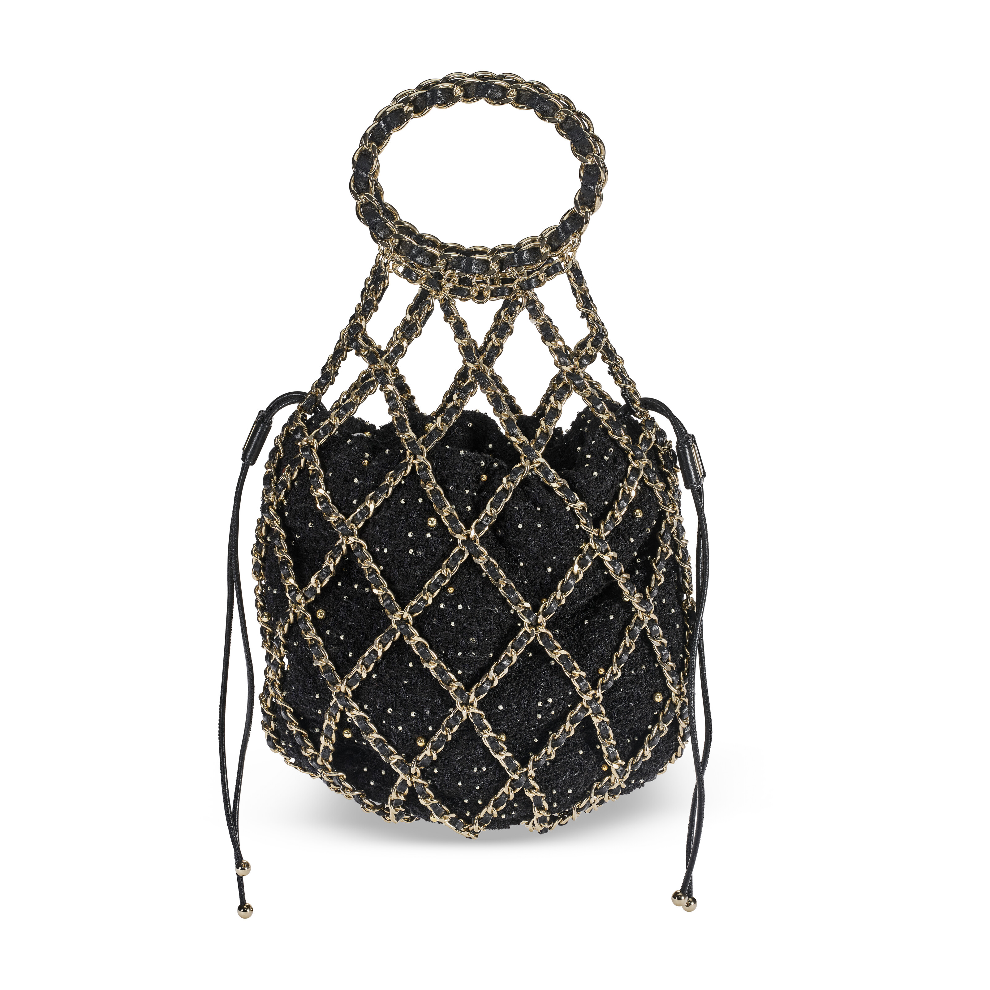 A MÉTIERS D’ART RUNWAY BLACK EMBELLISHED TWEED & LEATHER CHAIN LINK NET ...