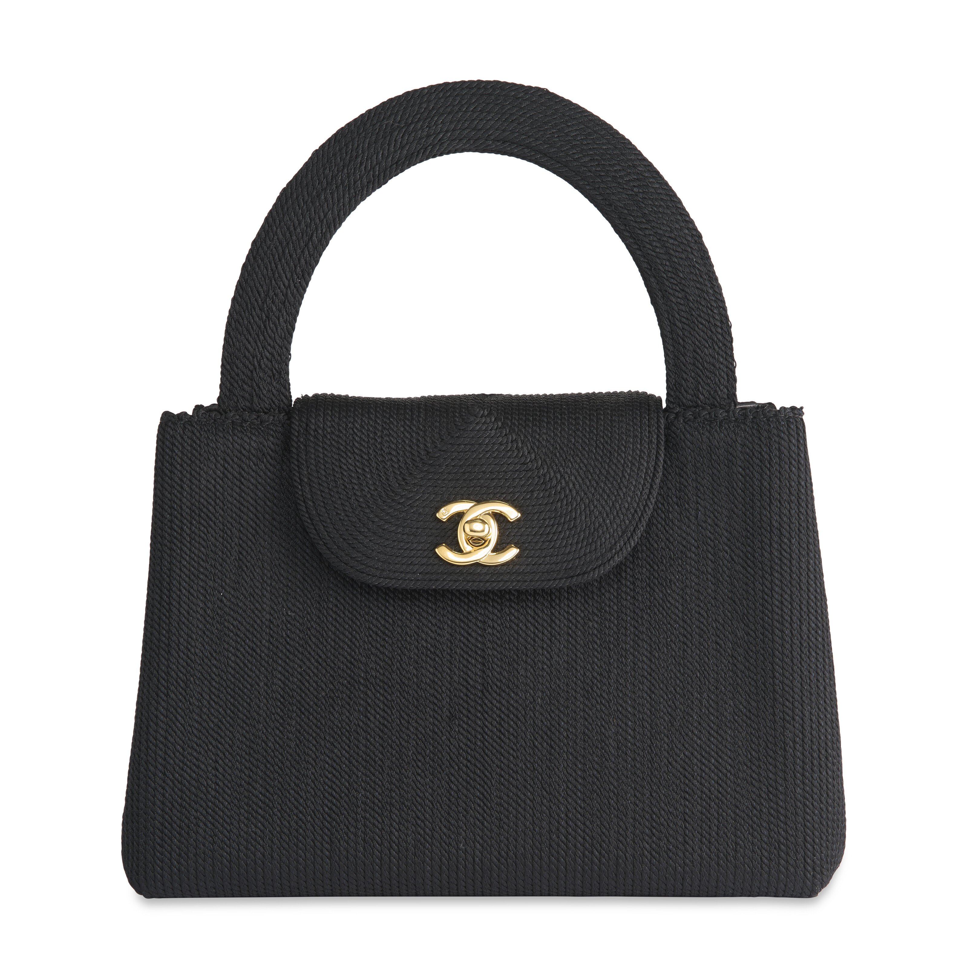 A BLACK SILK ROPE KELLY HANDLE BAG WITH GOLD HARDWARE, CHANEL, 1997 ...