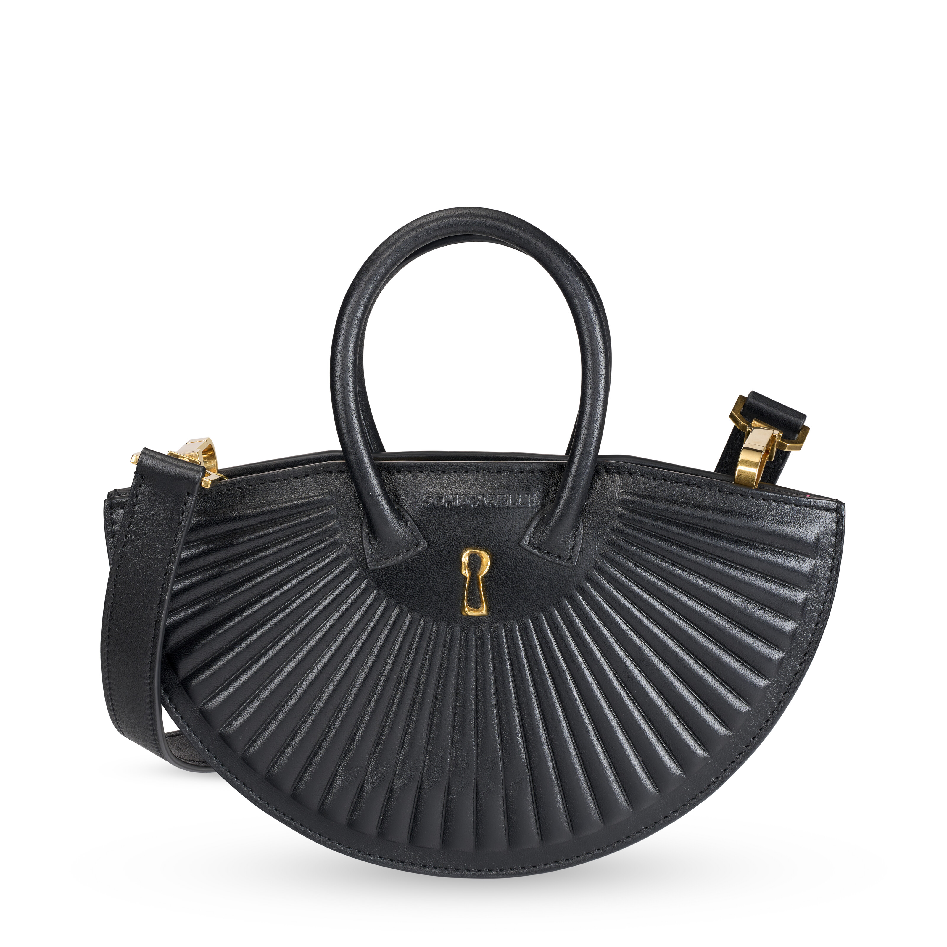 A BLACK LAMBSKIN LEATHER MINI KEYHOLE SUN BAG WITH GOLD HARDWARE ...