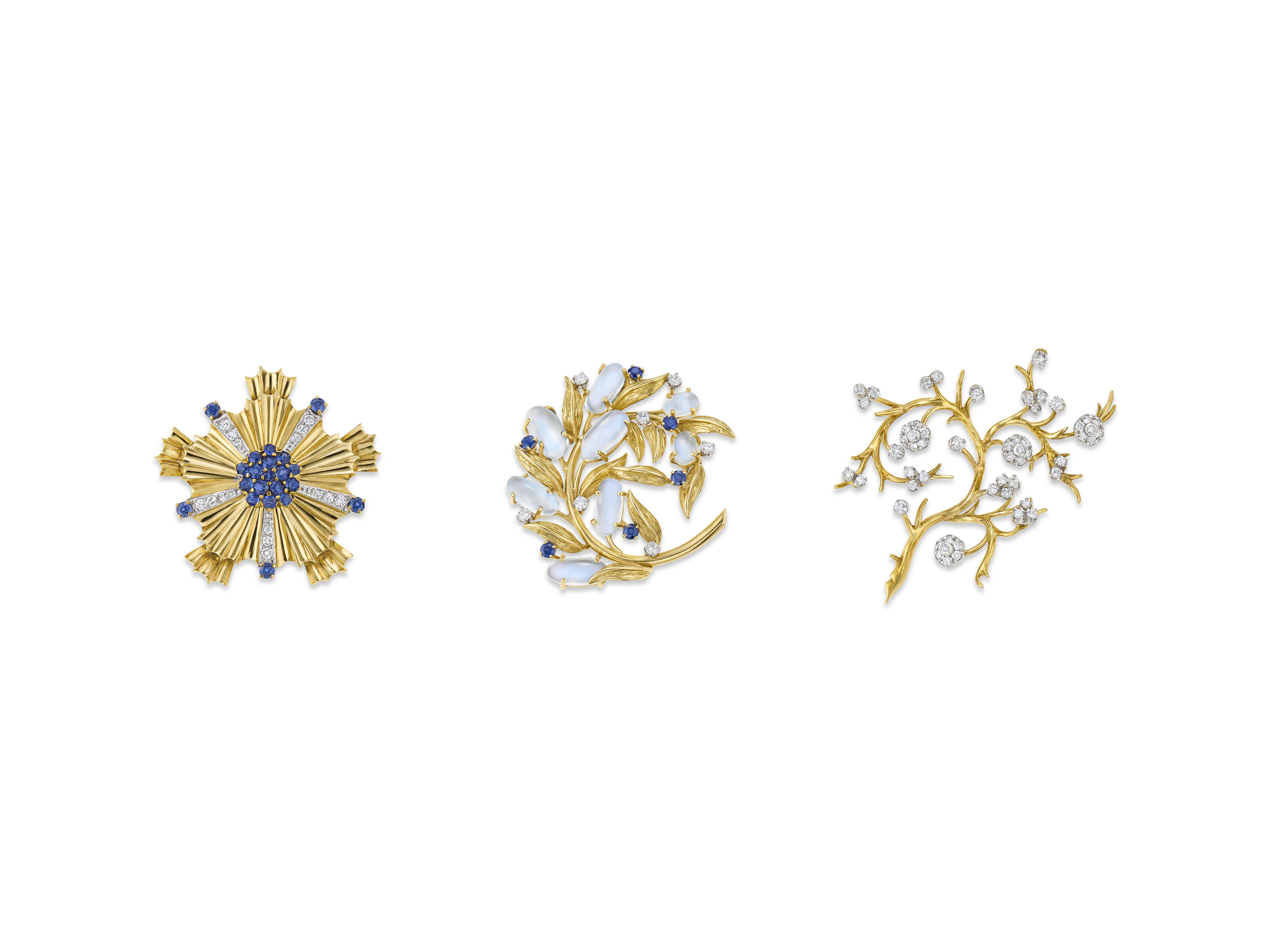 TIFFANY & CO. TWO MULTI-GEM AND DIAMOND BROOCHES AND UNSIGNED BROOCH ...