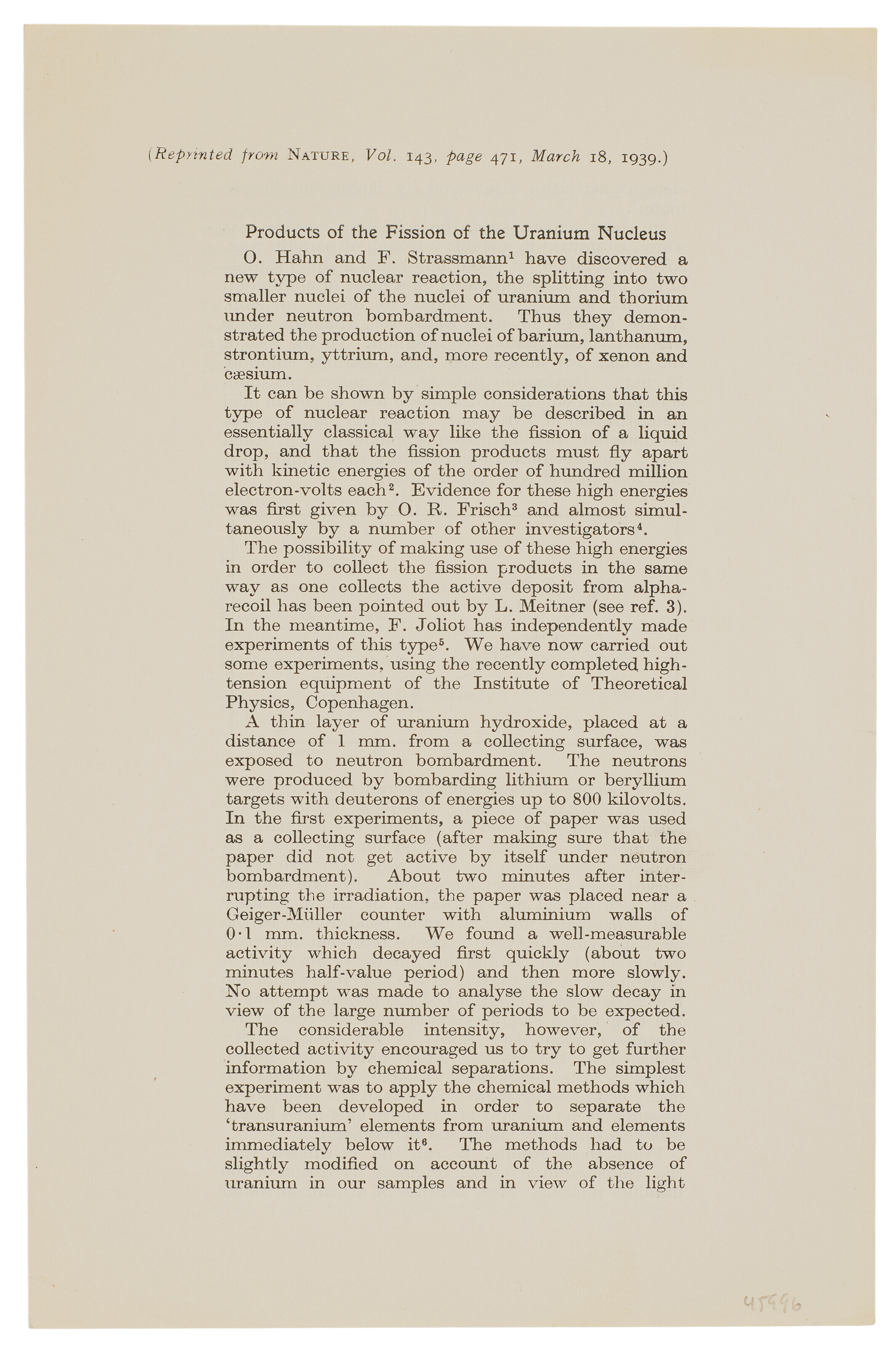 "Products of the Fission of the Uranium Nucleus", Lise Meitner and Otto ...