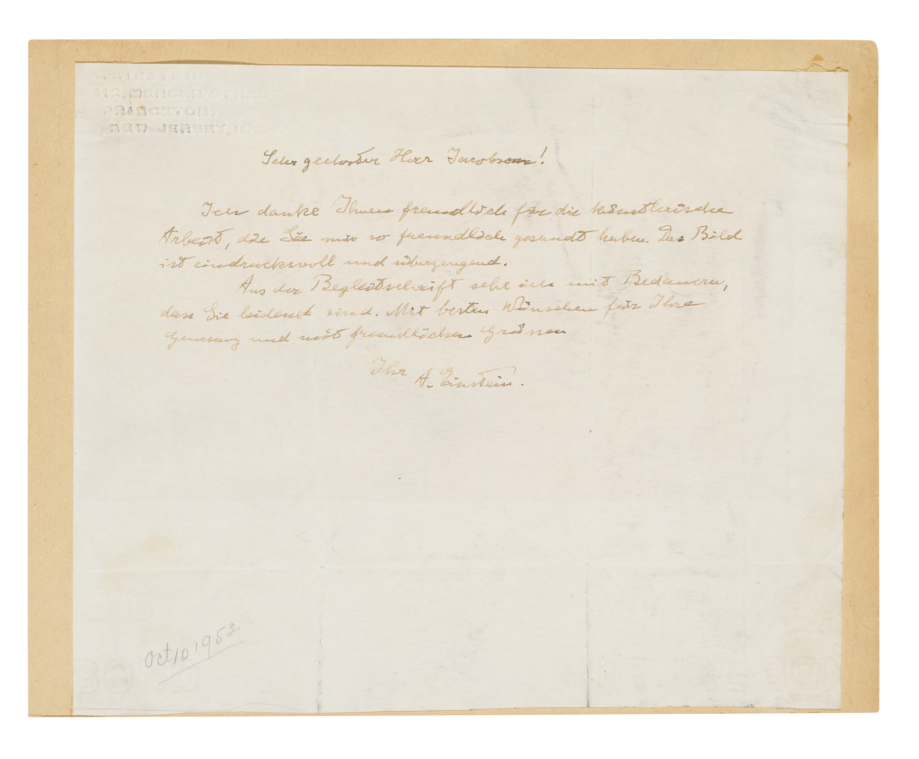 To artist and chef, Jacob Jacobson, Albert Einstein, 10 October 1952 ...