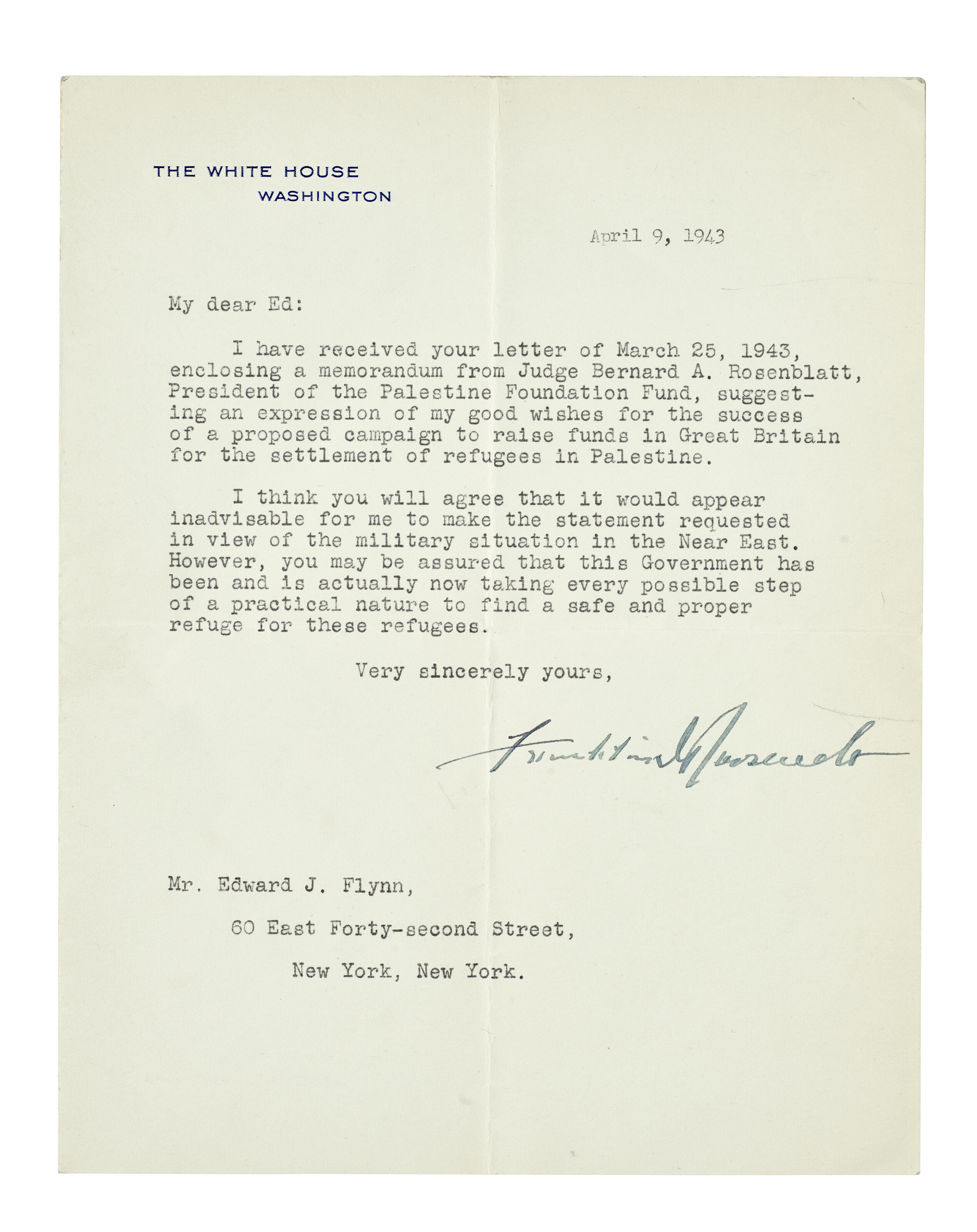 On resettlement of Jewish refugees in Palestine, Franklin D. Roosevelt ...