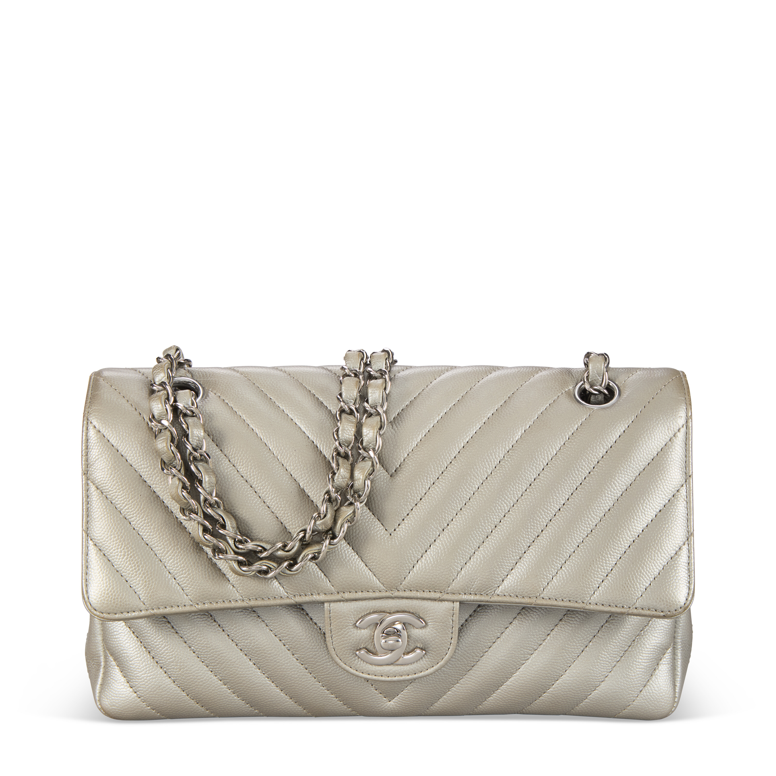 A METALLIC SILVER CHEVRON QUILTED CAVIAR LEATHER CLASSIC MEDIUM DOUBLE ...