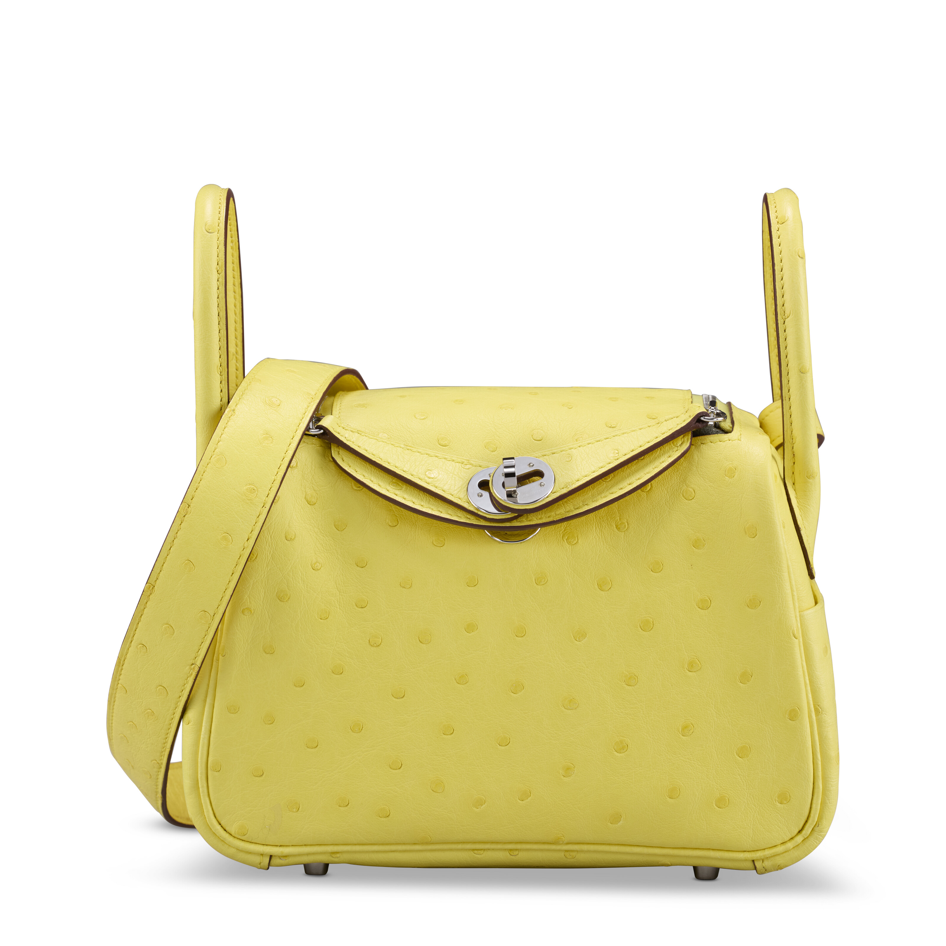A JAUNE CITRON OSTRICH MINI LINDY WITH PALLADIUM HARDWARE, HERMÈS, 2020 ...
