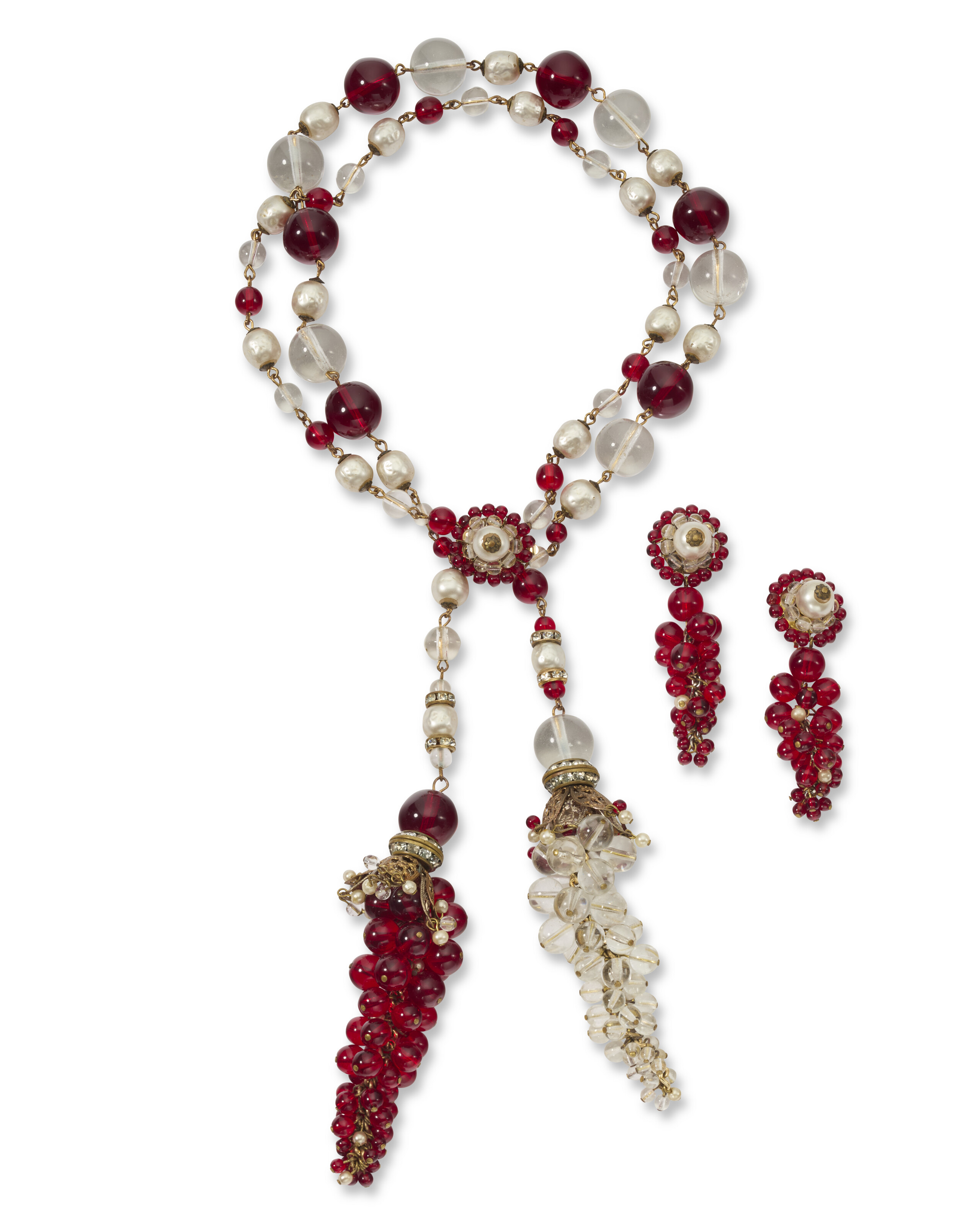 A VERY RARE RED & CLEAR GLASS BEAD, FAUX PEARL, AND STRASS CRYSTAL ...