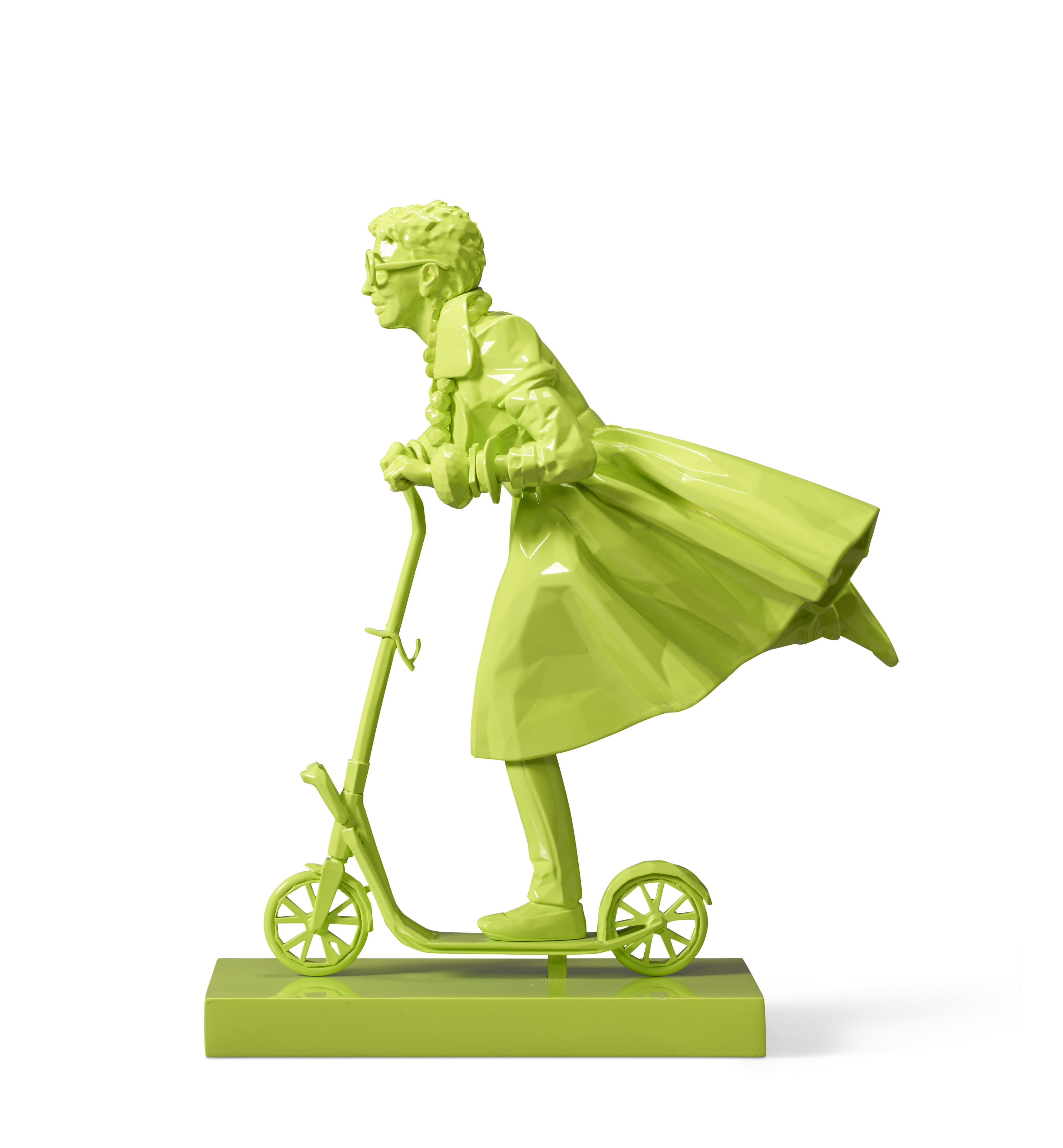 A CAST-RESIN LIME-GREEN FIGURE OF IRIS APFEL RIDING A SCOOTER, WINDOW ...