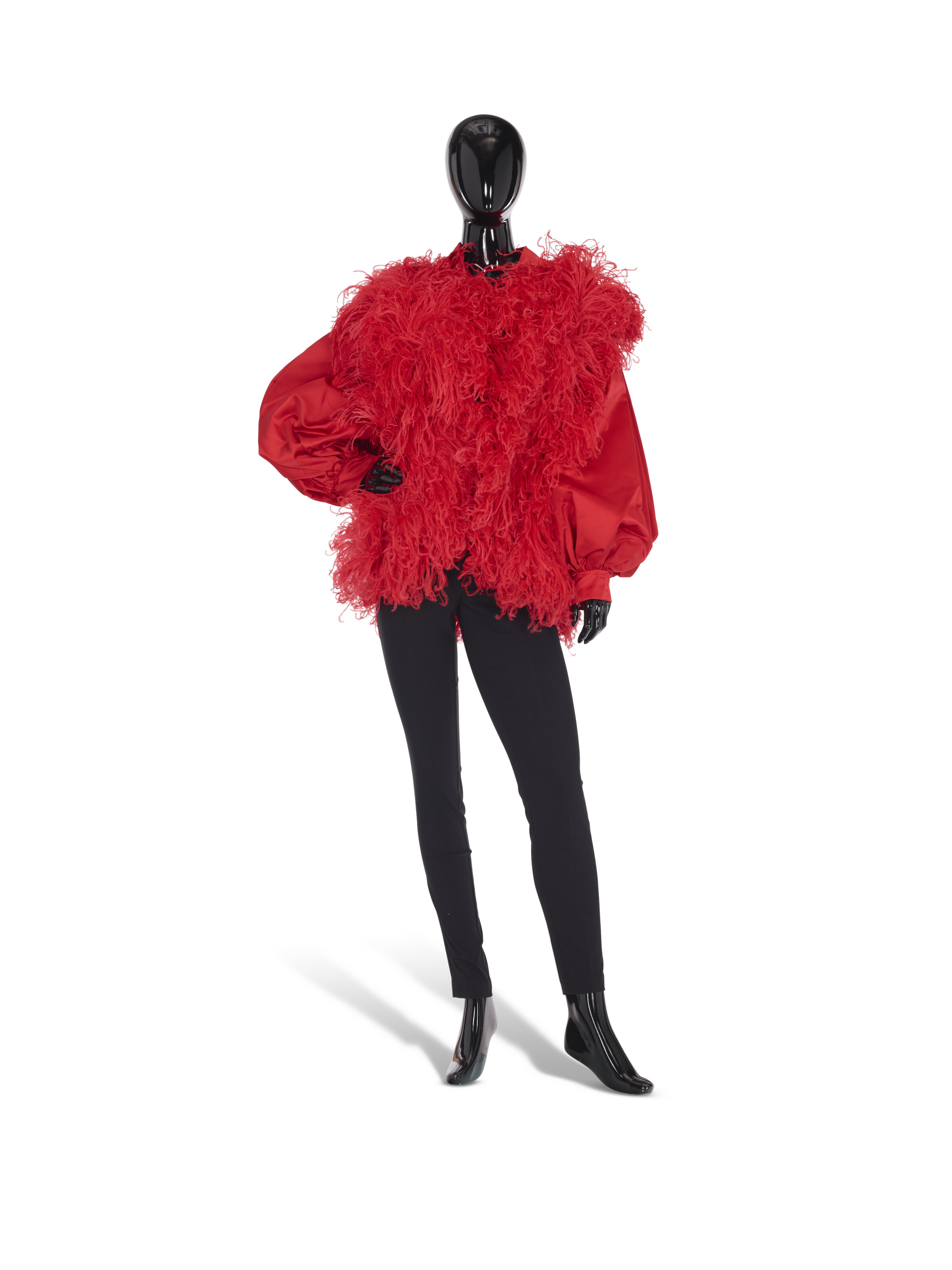 A RED SATIN AND OSTRICH FEATHER COAT BLOUSE, LABELED CHRISTIAN DIOR ...