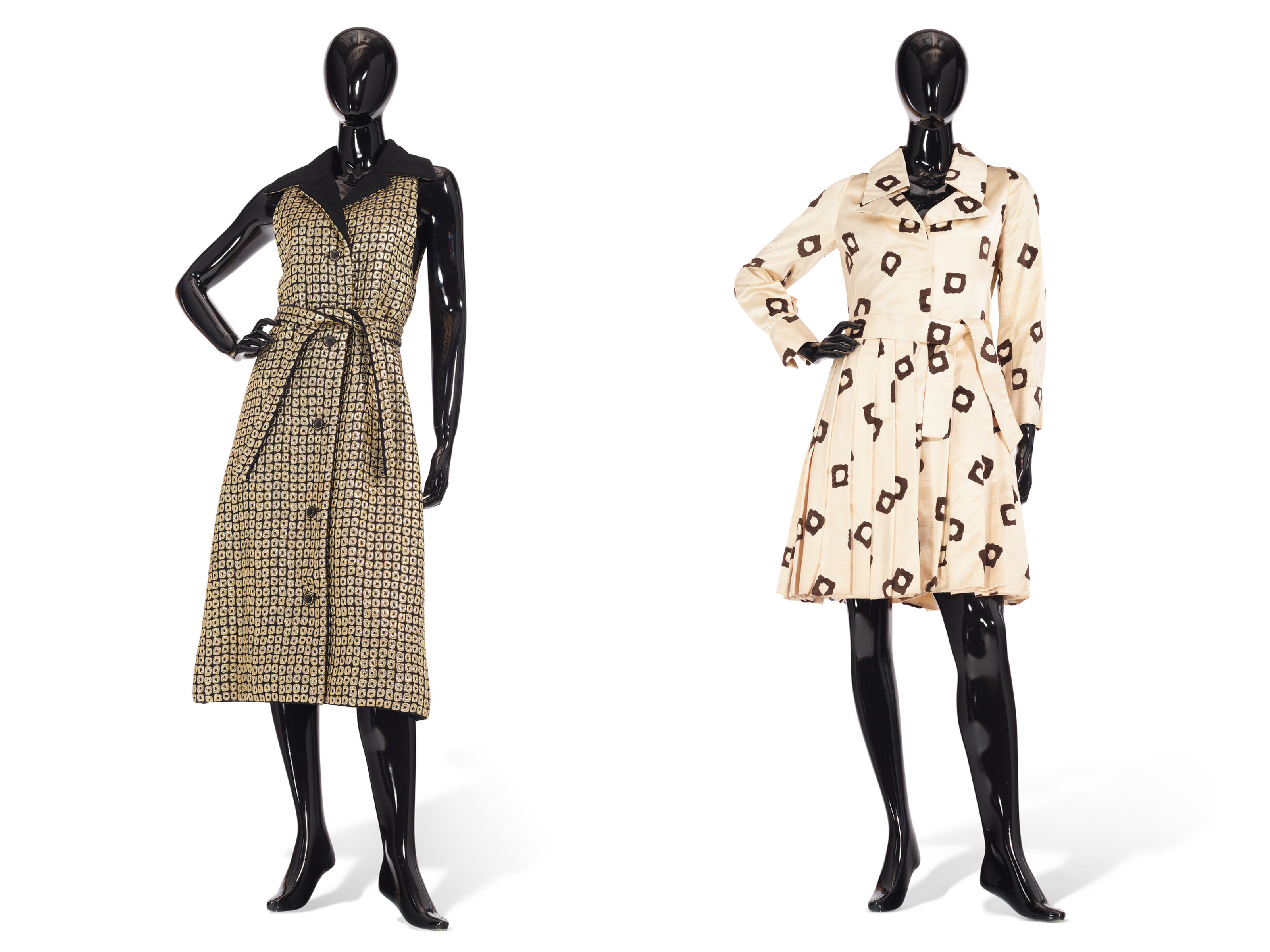 AN IVORY SATIN BELTED SHIRT DRESS, WITH ALL OVER CHOCOLATE BROWN ...