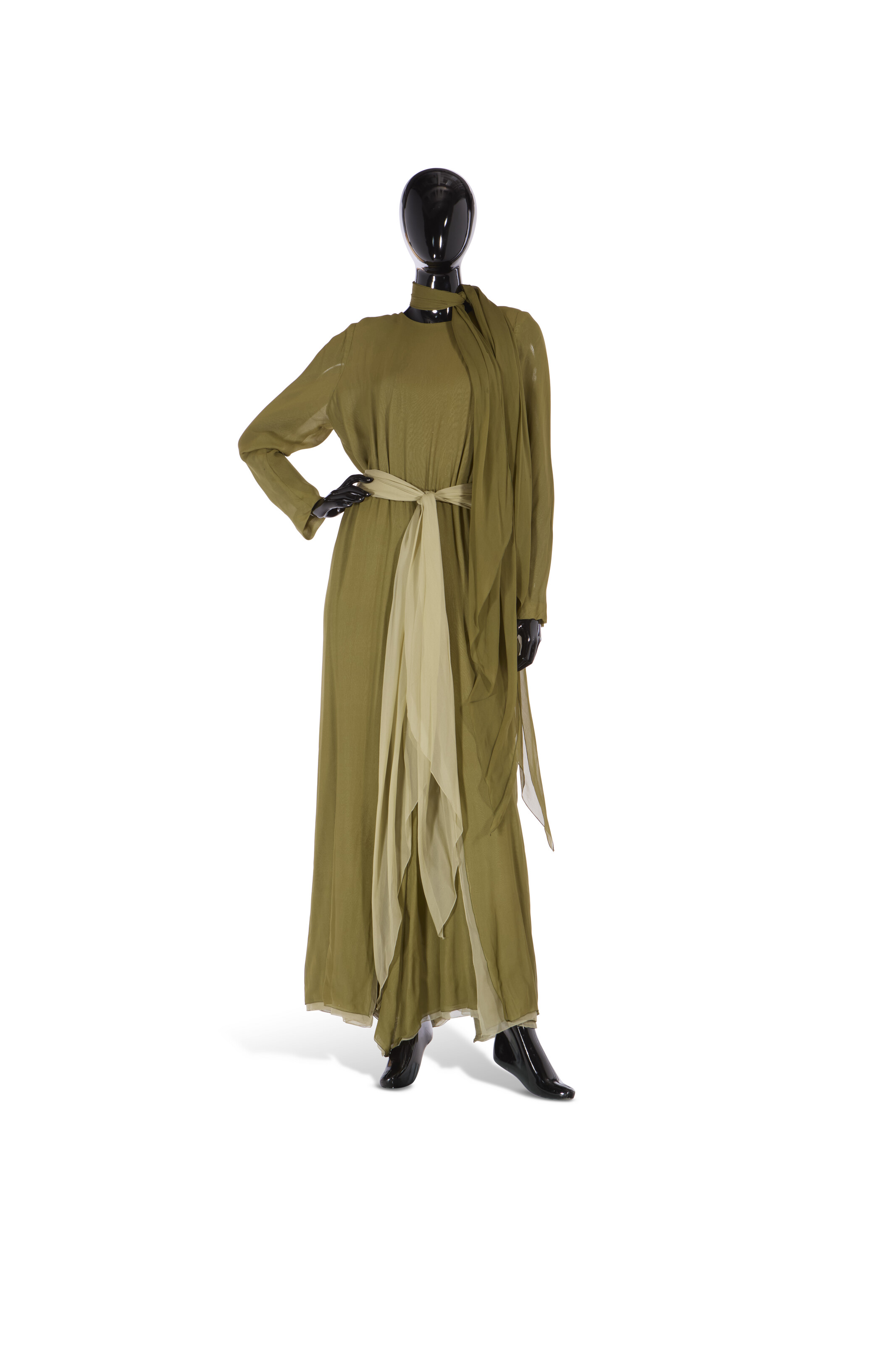 A CHARTREUSE LAYERED CHIFFON EVENING GOWN, LABELED STAVROPOULOS, 1970S ...