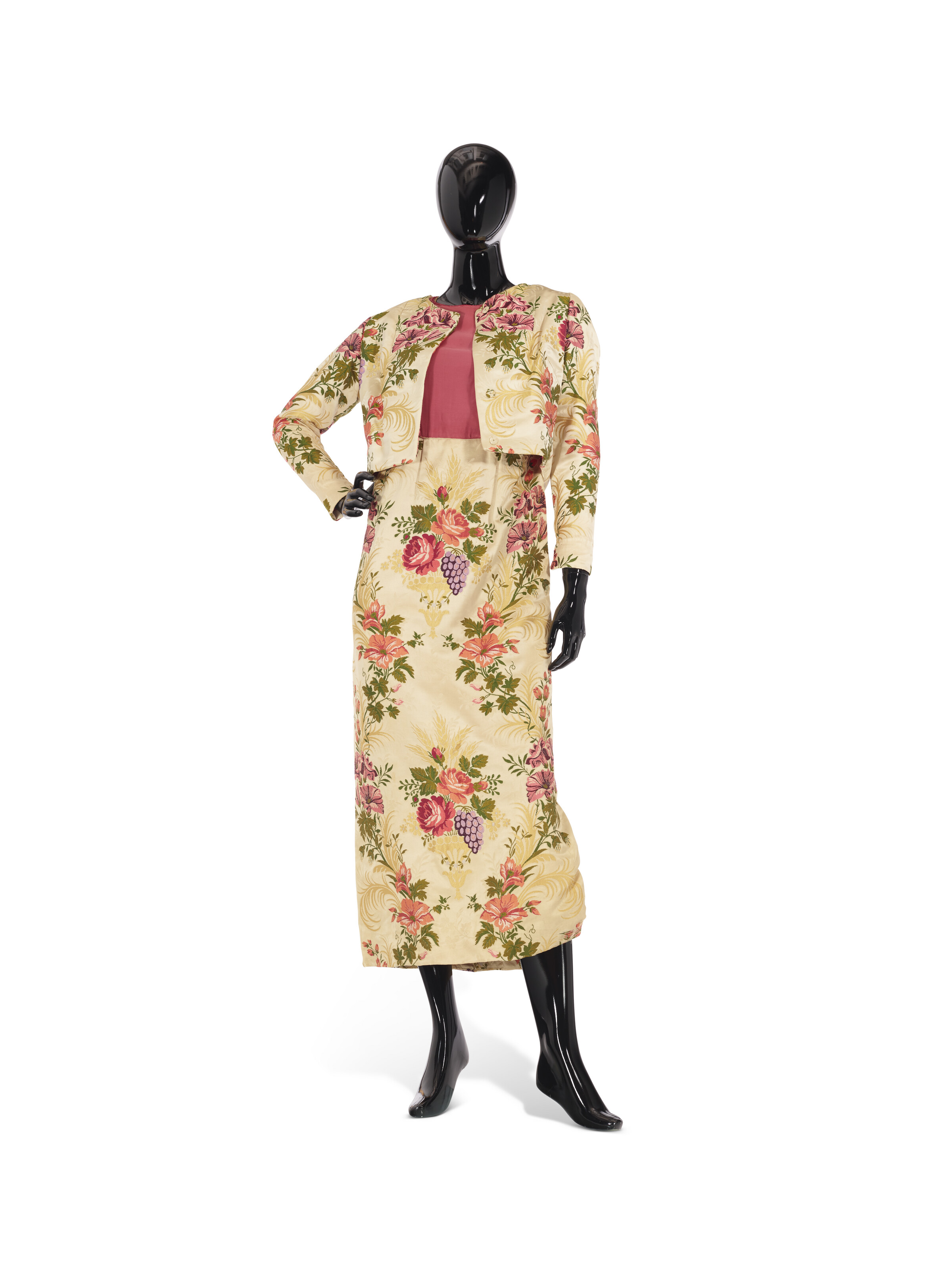 A CREAM GROUND AND MULTICOLOR SILK BROCADE TWO-PIECE EVENING ENSEMBLE ...