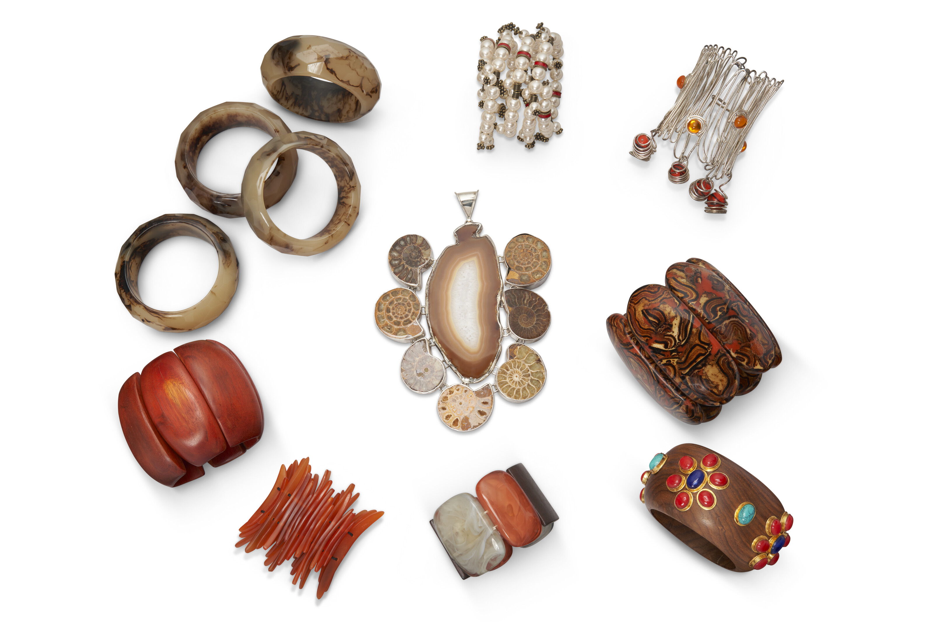 A GROUP OF NEUTRAL AND ORANGE JEWELRY, LABELED IRIS APFEL COLLECTION ...