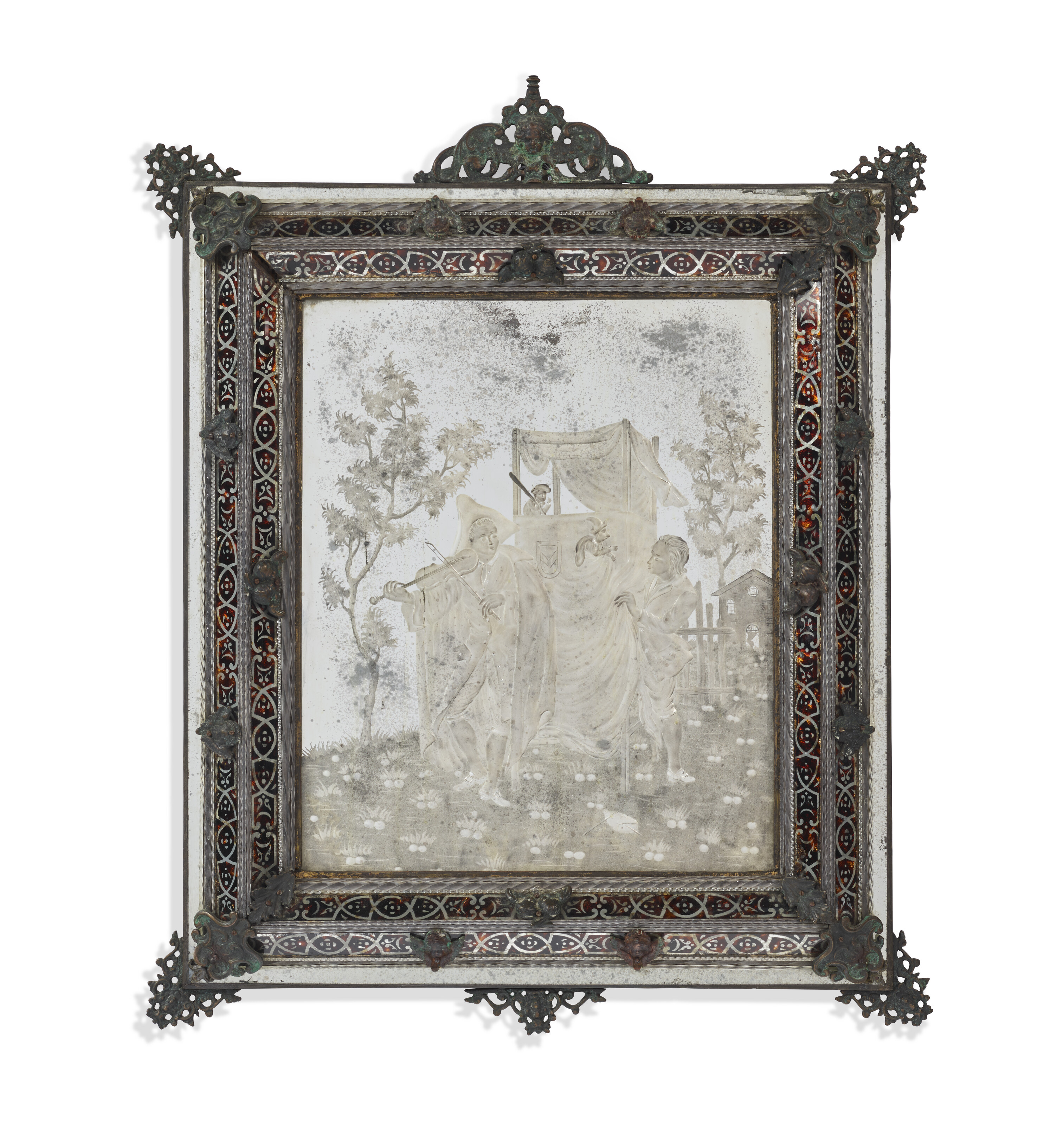 A CONTINENTAL PATINATED-METAL MOUNTED ETCHED GLASS WALL MIRROR, LATE ...