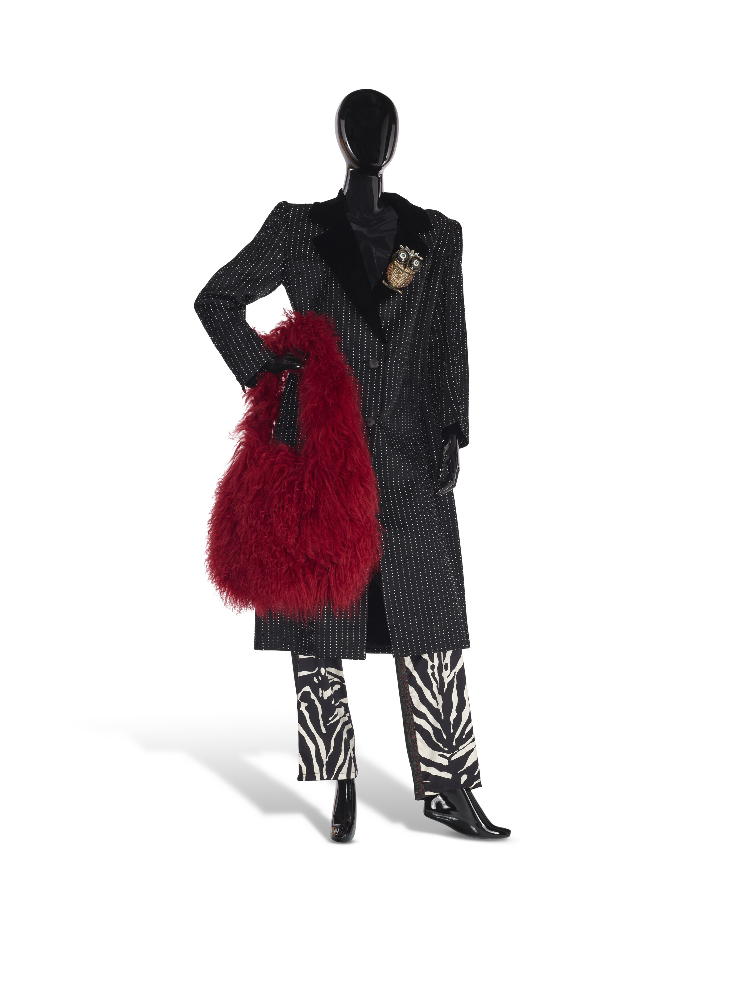 A BLACK SATIN AND RHINESTONE PINSTRIPE STUDDED COAT, LABELED LANVIN ...