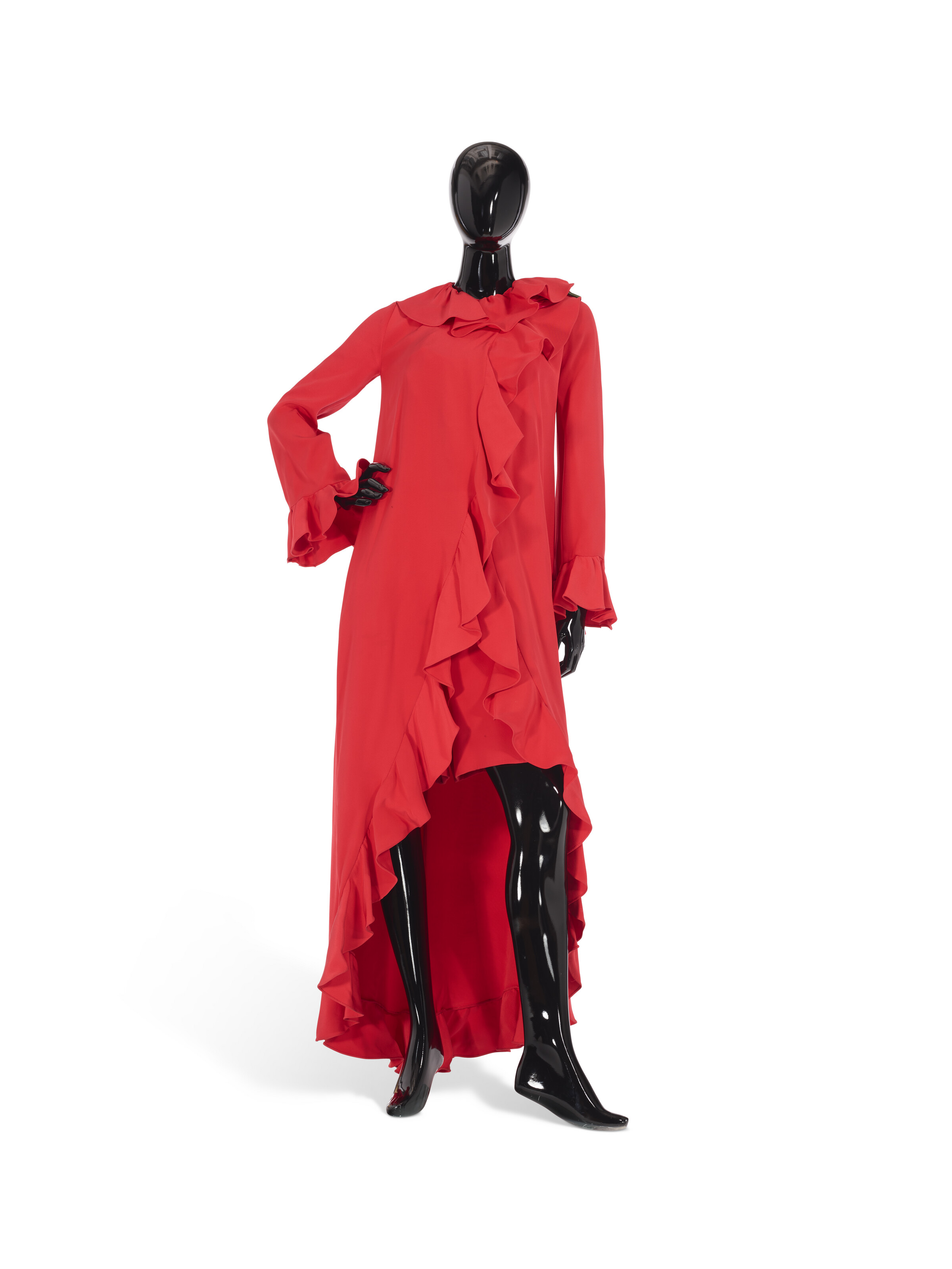 A RED RUFFLED SILK BLEND TWO-PIECE ENSEMBLE, POSSIBLY NINA RICCI ...
