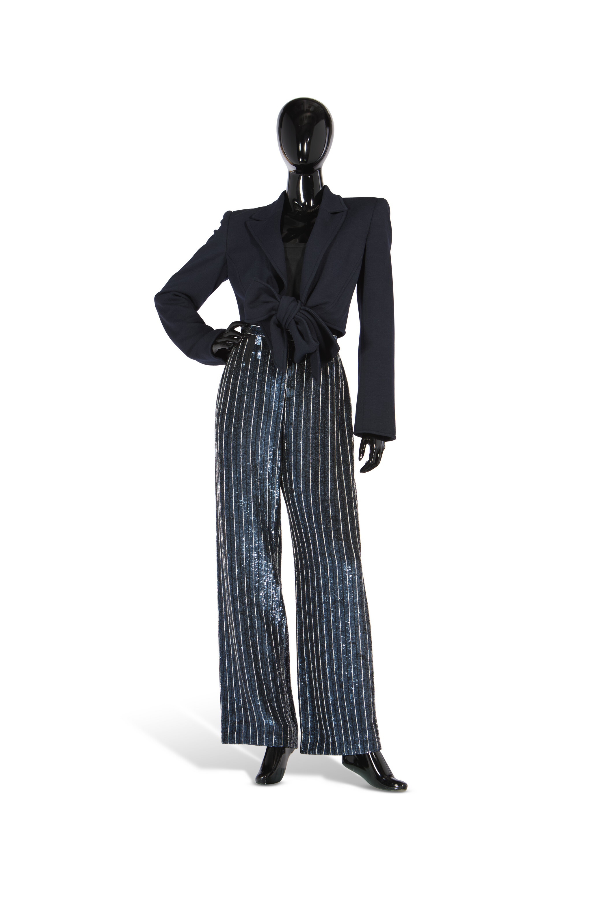 A NAVY CROPPED TIE-FRONT WOOL JERSEY BLAZER, LABELED CLAUDE MONTANA ...