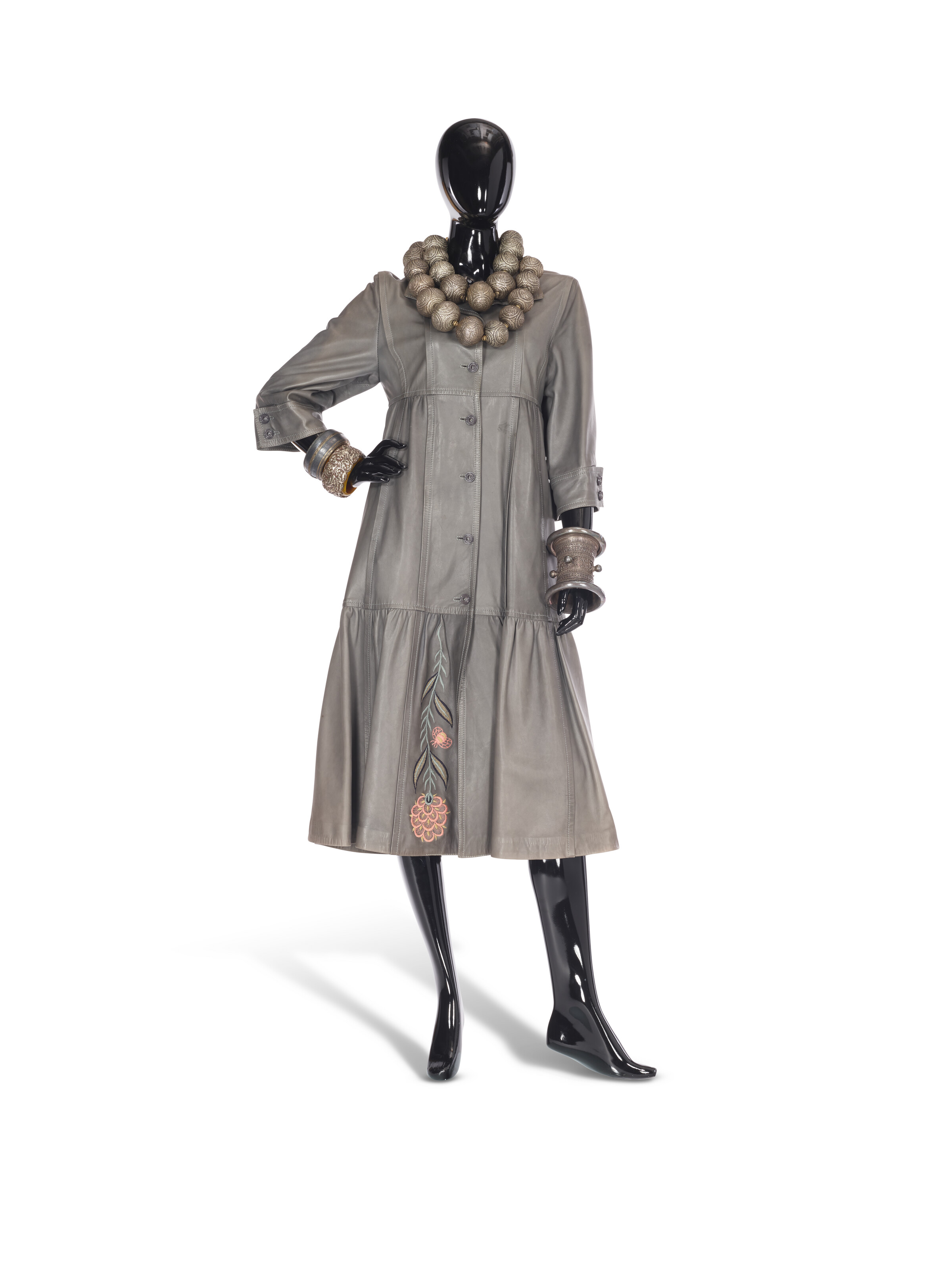 A GREY LEATHER EMBROIDERED COAT, LABELED BILL GIBB LONDON, 1970S ...