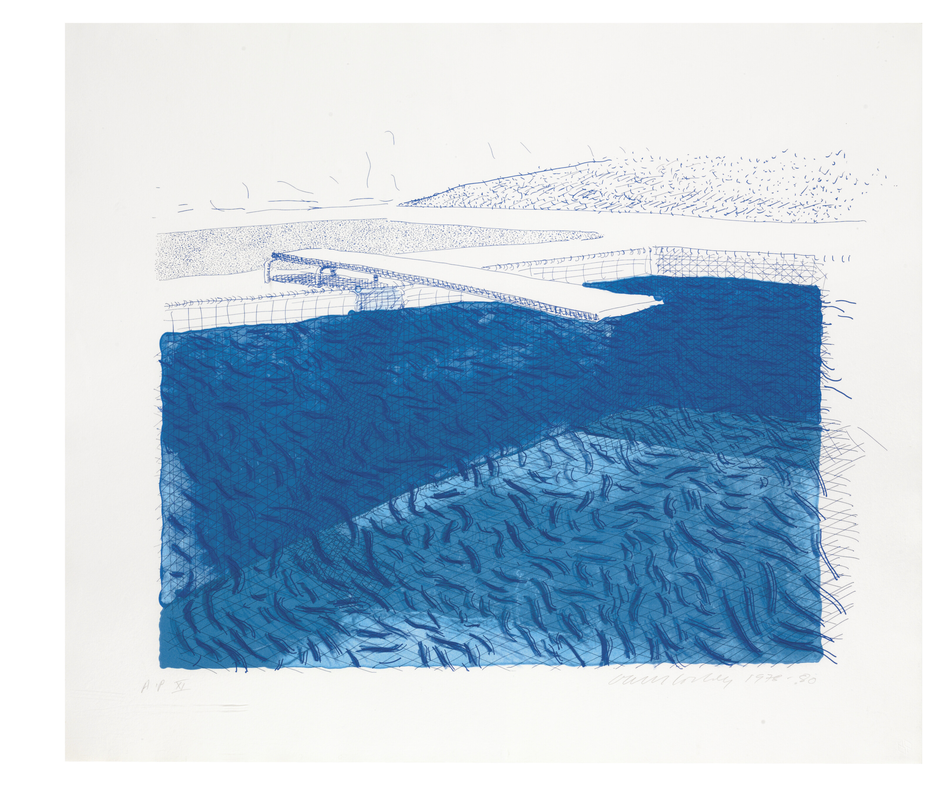 DAVID HOCKNEY (B. 1937), Lithograph of Water made of lines, crayon, and ...