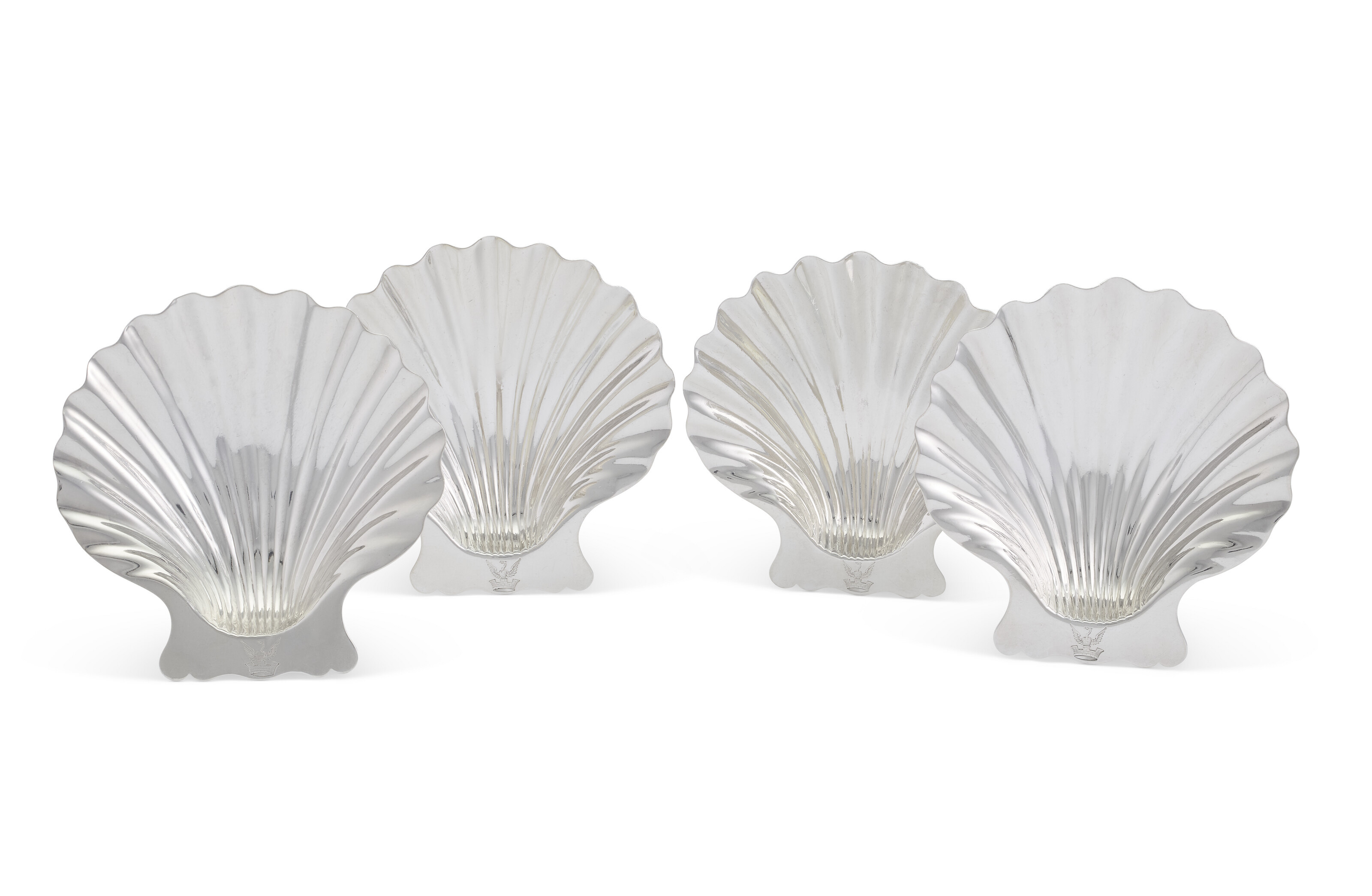 A SET OF FOUR GEORGE II SILVER BUTTER SHELLS, MARK OF EDWARD ALDRIDGE I ...