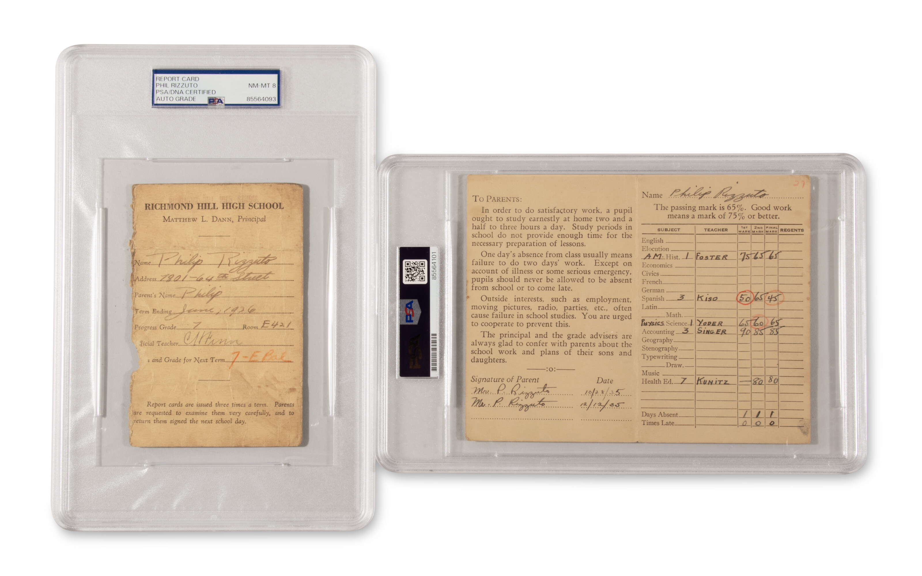 TWO PHIL RIZZUTO AUTOGRAPHED HIGH SCHOOL REPORT CARDS (PSA/DNA 8 NM-MT ...
