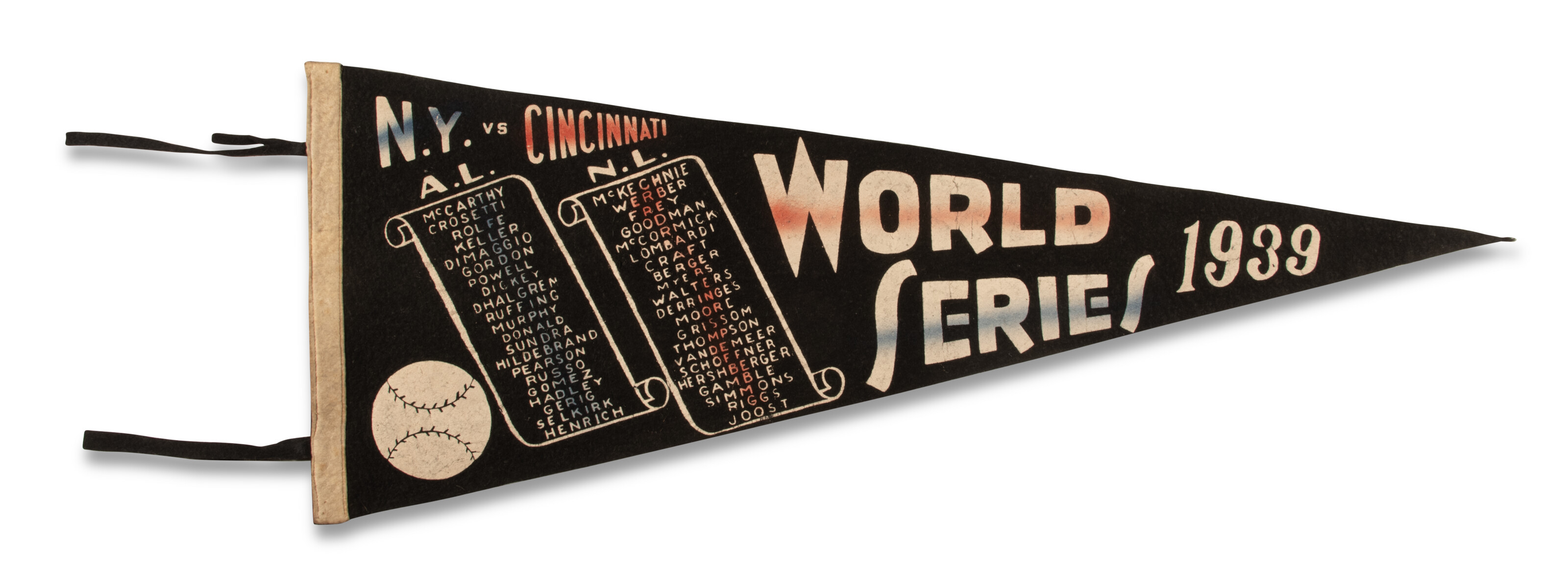 WORLD SERIES YANKEES AND REDS TEAM ROSTER SCROLL PENNANT, 1939 | Christie’s