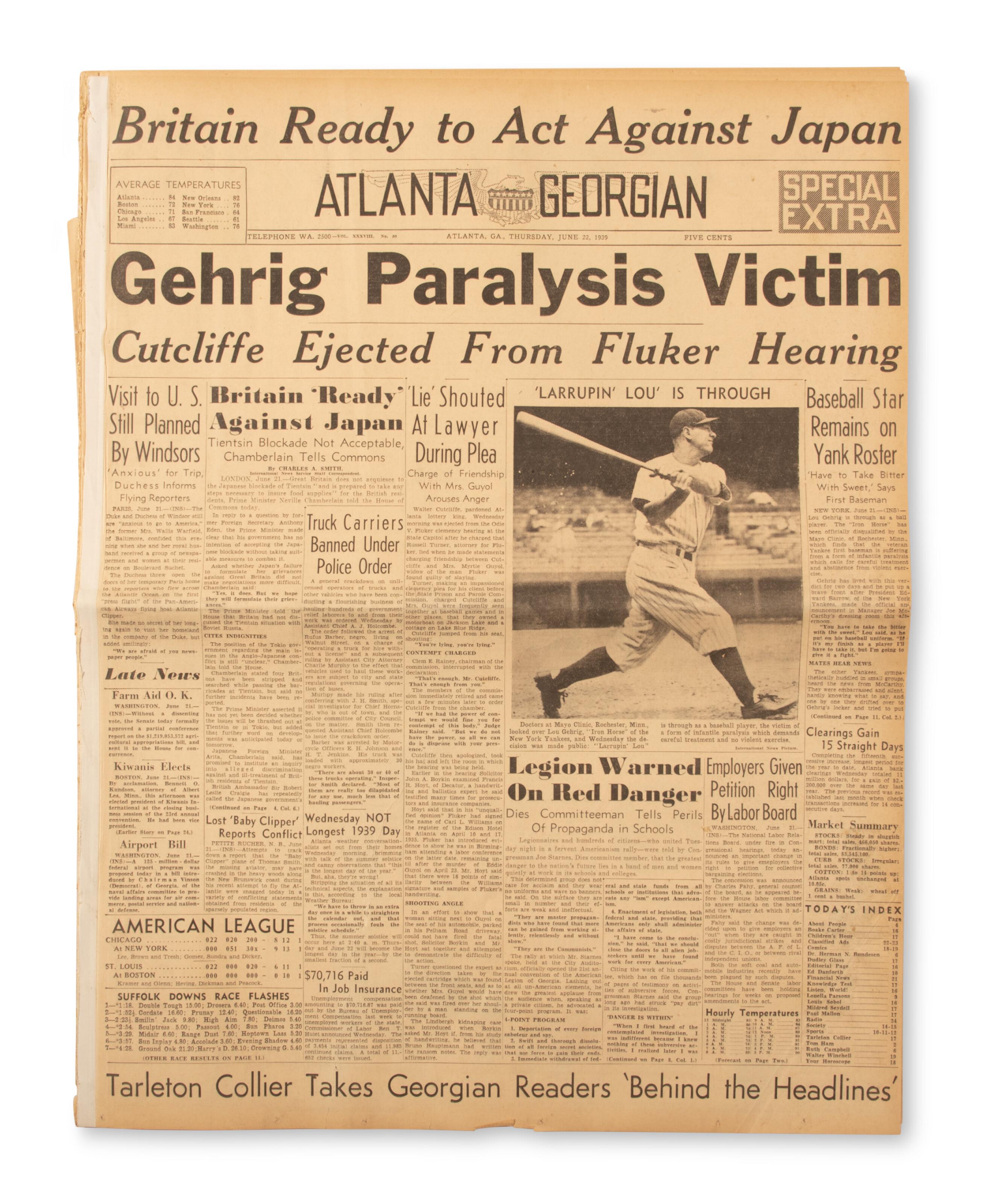 LOU GEHRIG "PARALYSIS VICTIM" NEWSPAPER, 22 JUNE 1939 | Christie’s