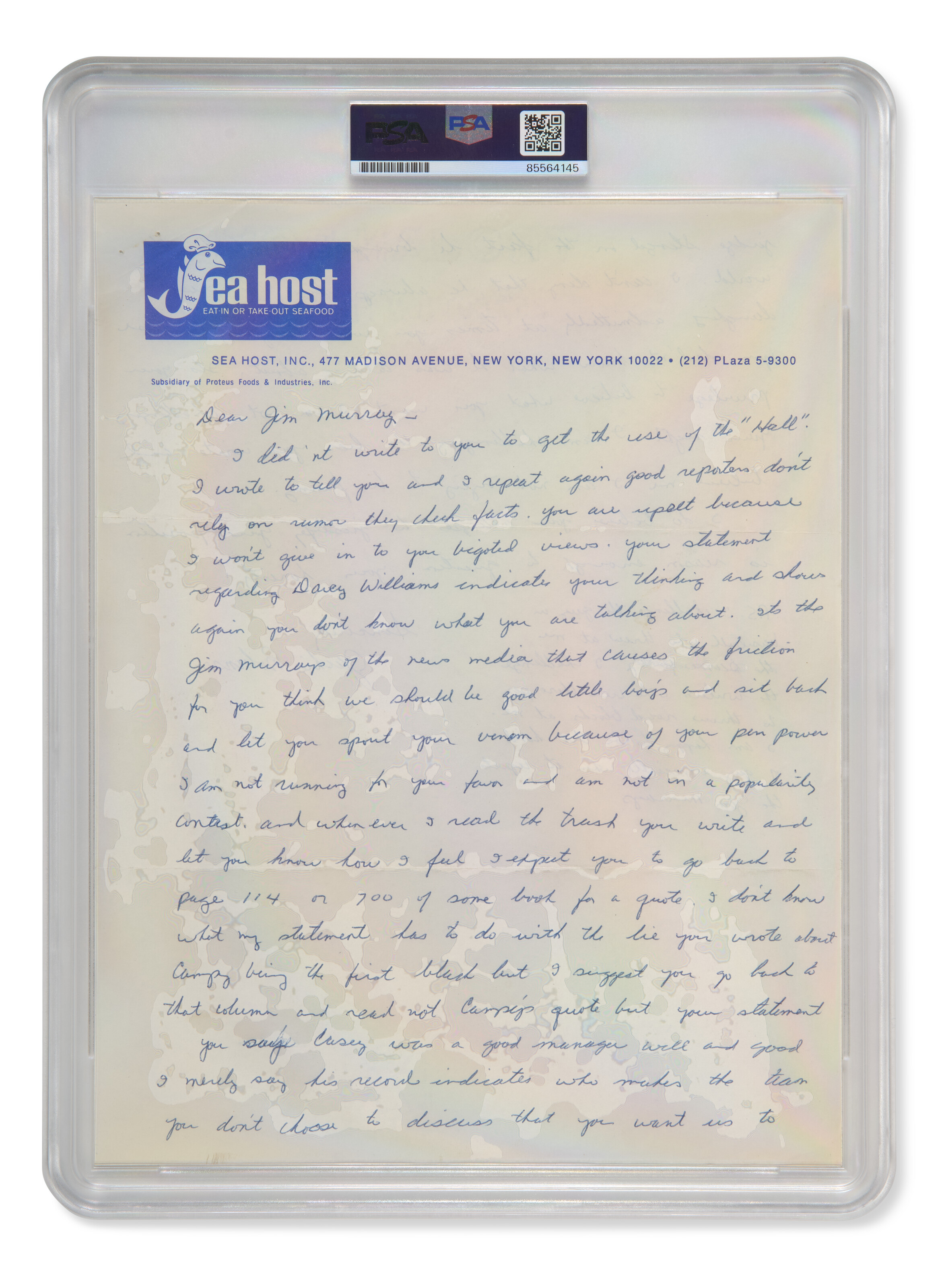 JACKIE ROBINSON HANDWRITTEN LETTER TO PULITZER PRIZE WINNER JIM MURRAY ...