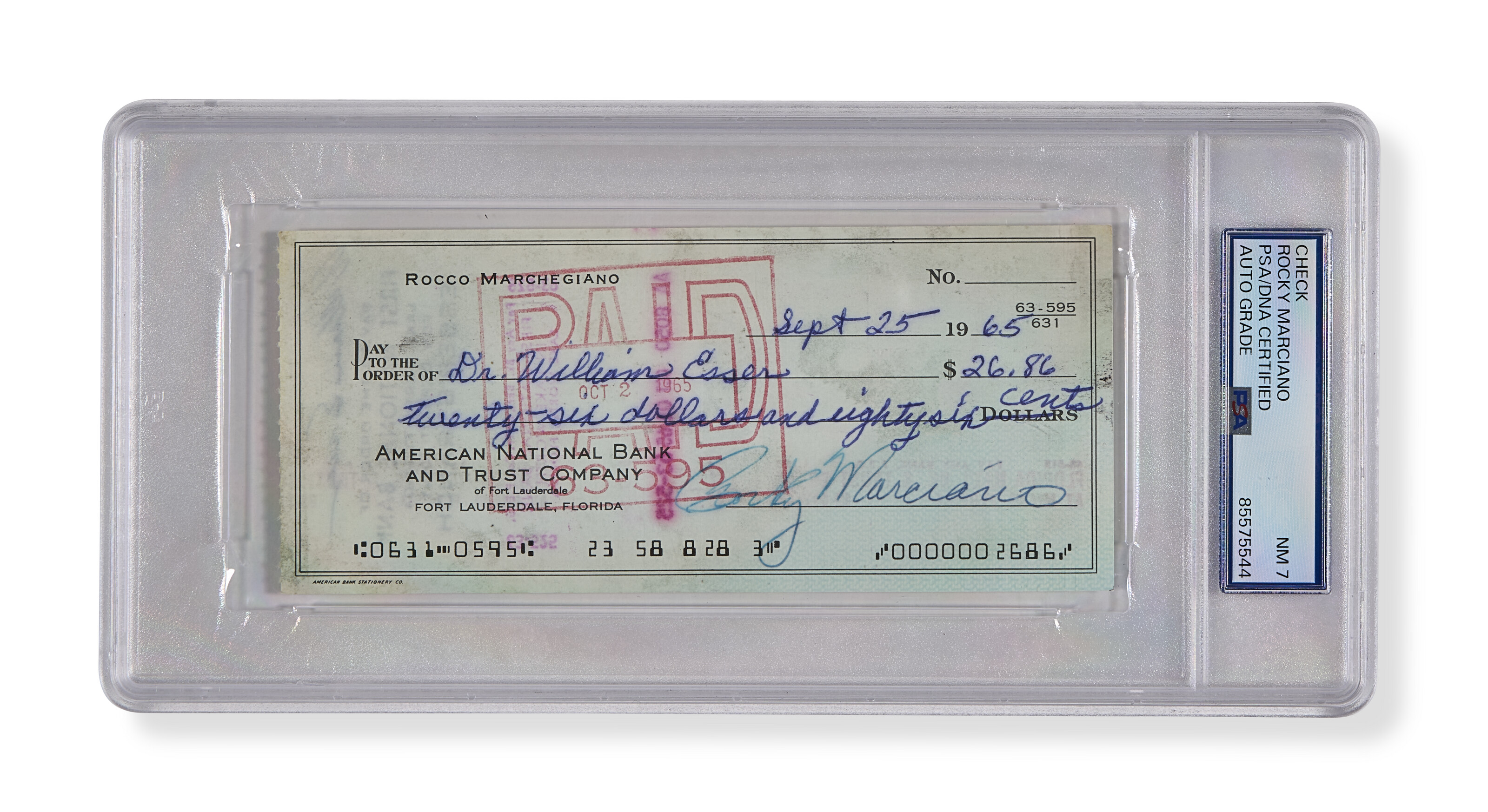 ROCKY MARCIANO AUTOGRAPHED PERSONAL CHECK (PSA/DNA 7 NM), 1965 | Christie’s