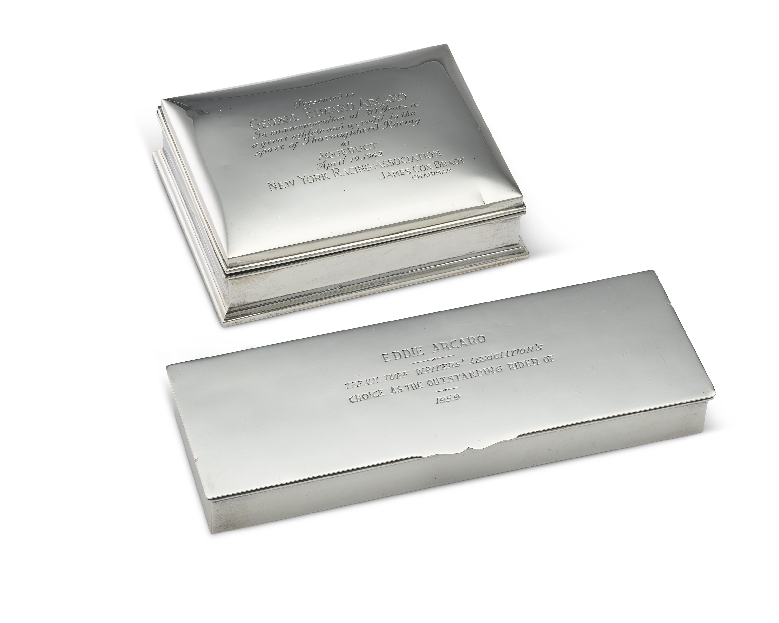 GEORGE EDWARD ARCARO: TWO AMERICAN SILVER PRESENTATION CIGARETTE BOXES ...