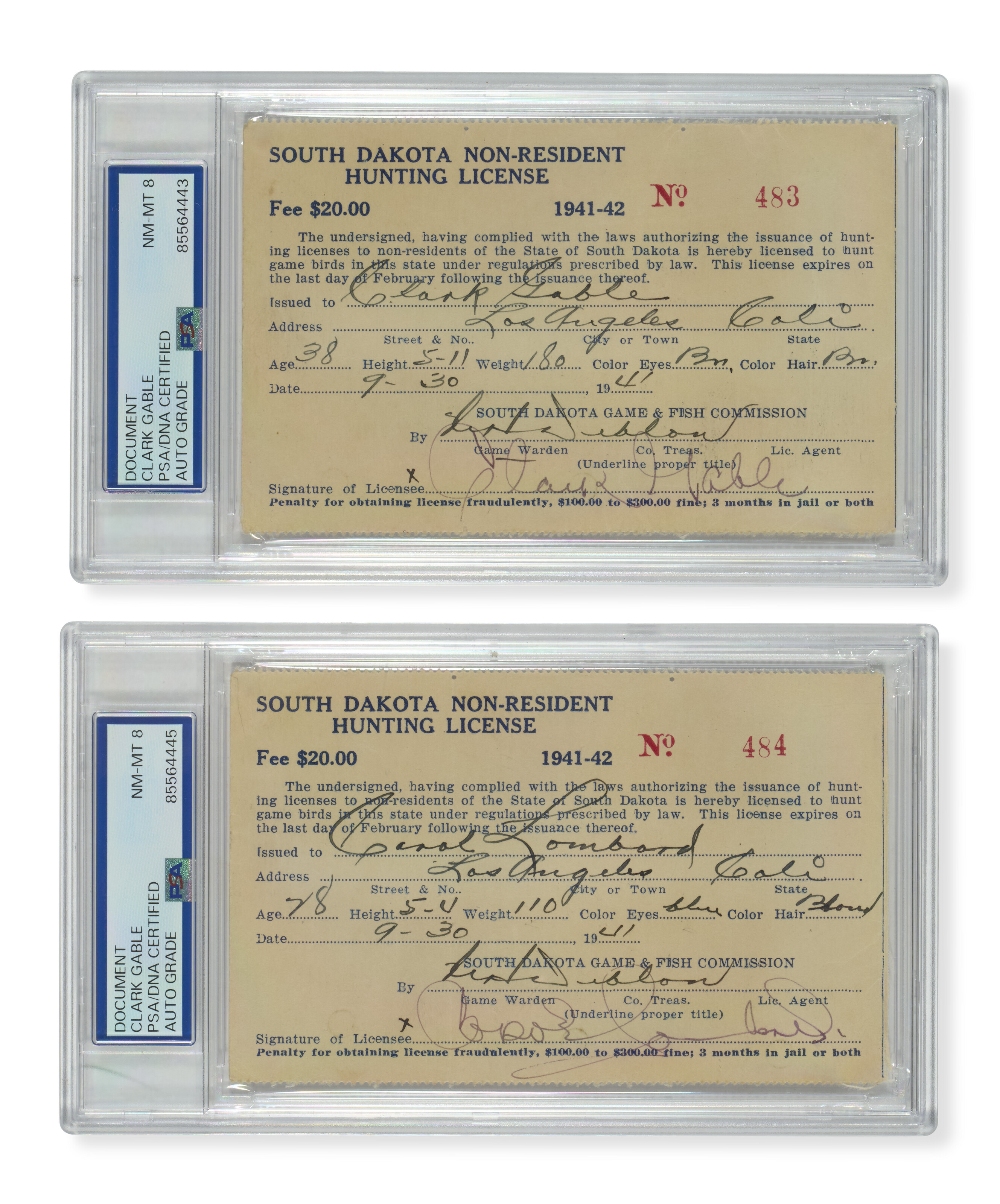 SIGNED HUNTING LICENSE FOR CLARK GABLE (PSA/DNA 8 NM-MT) AND SIGNED ...