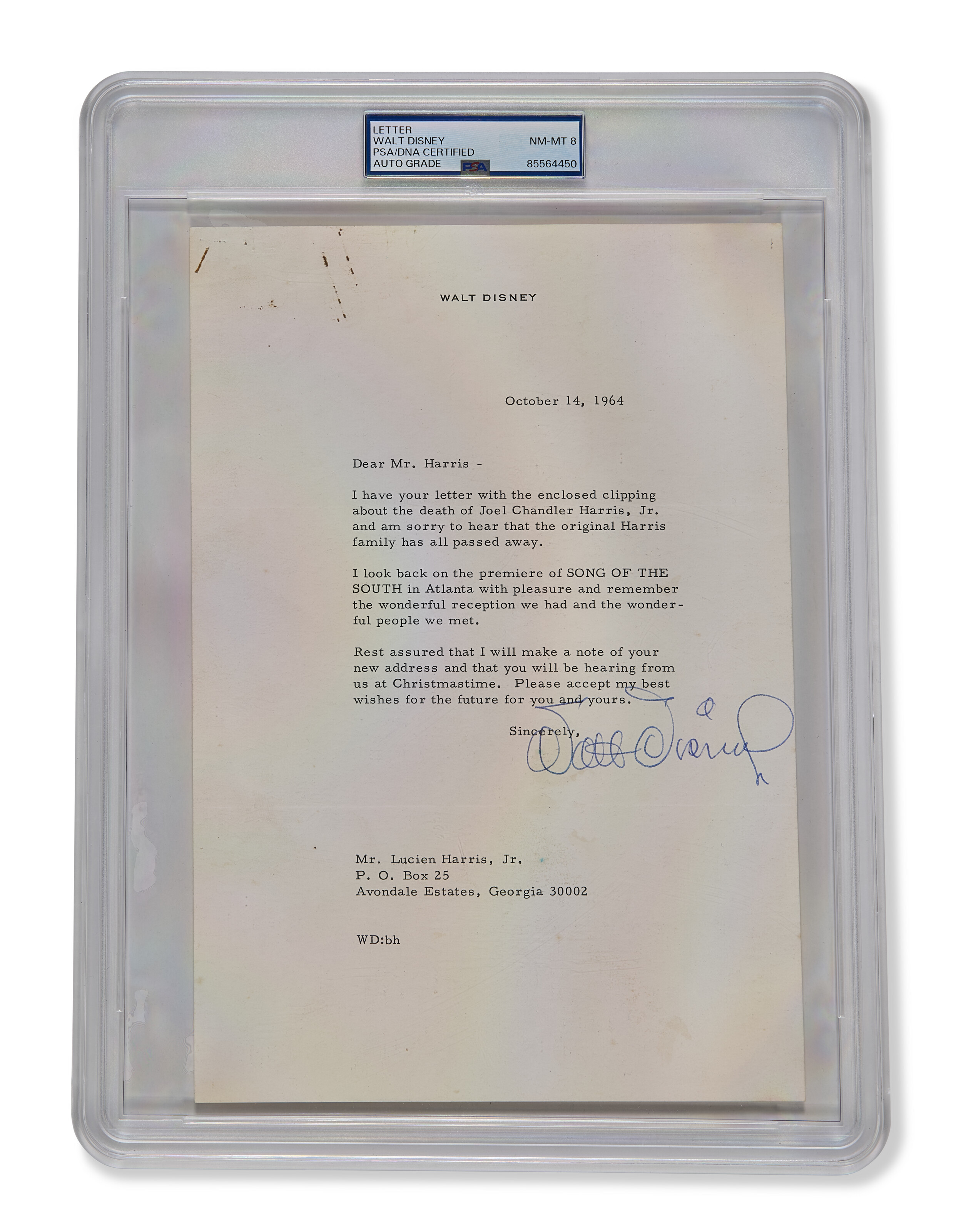 WALT DISNEY AUTOGRAPHED LETTER REFERENCING "SONG OF THE SOUTH" (PSA/DNA ...
